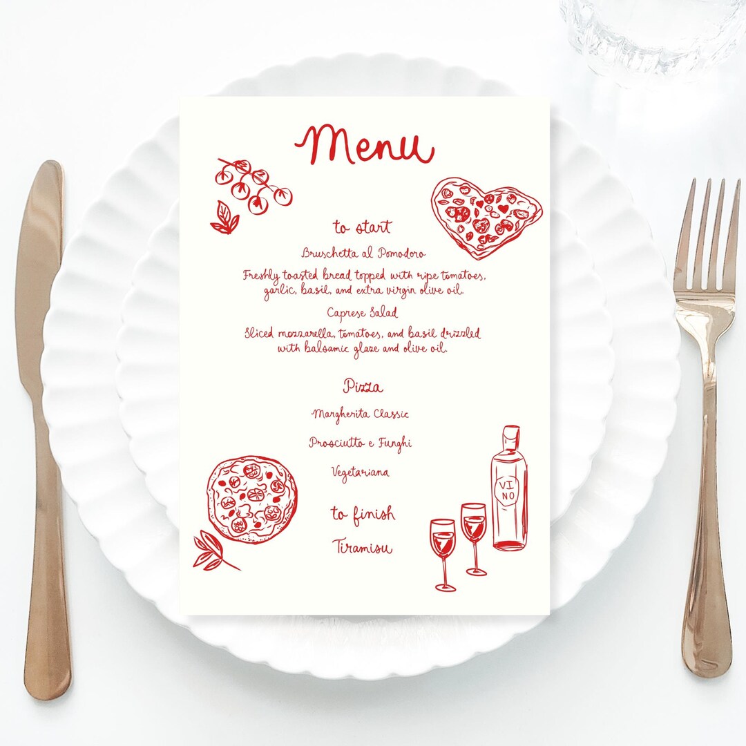 Red Italian Inspired Menu Template Printable, Hand Drawn Line Art ...