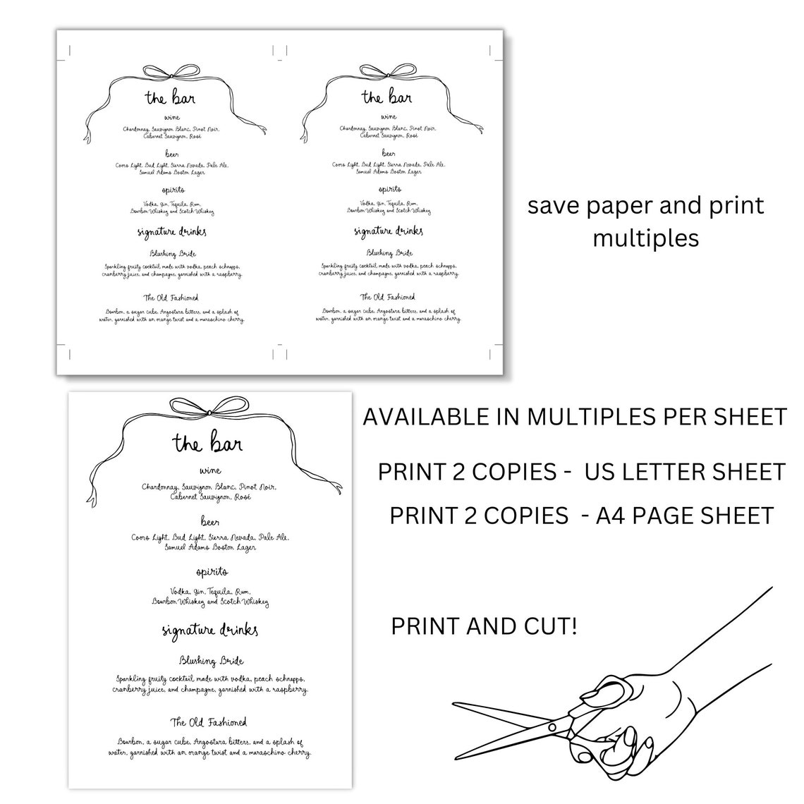 Drinks Menu Template Printable, Handwritten Wedding Bar Menu, Signature ...