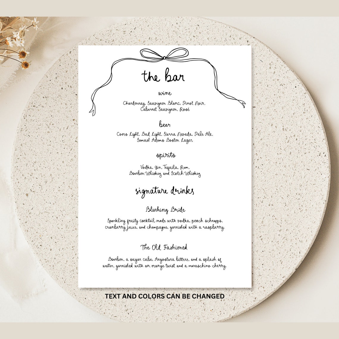 Drinks Menu Template Printable, Handwritten Wedding Bar Menu, Signature ...