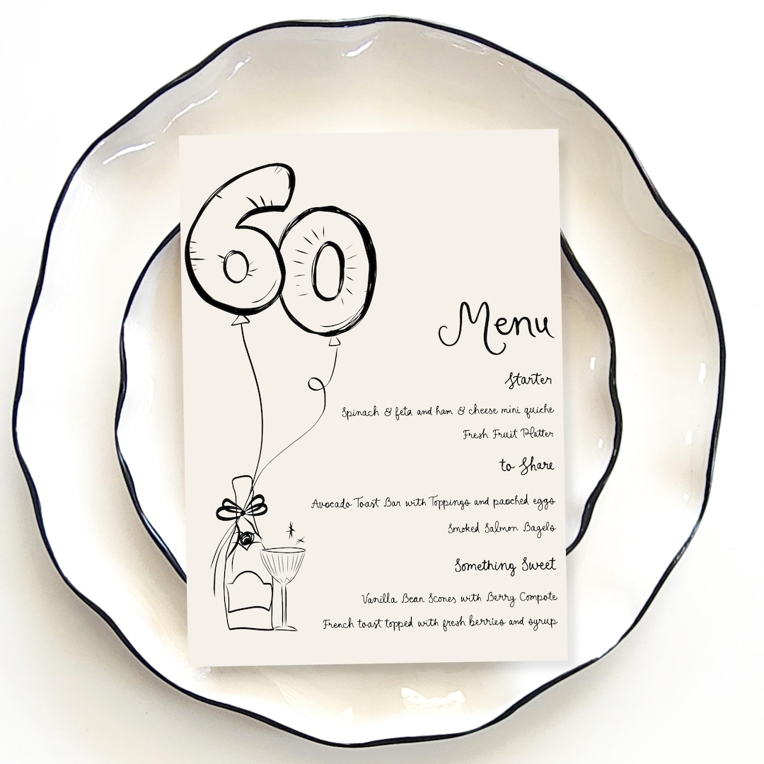 60th Birthday Menu Template Printable, Hand Drawn Dinner Menu for 60th ...