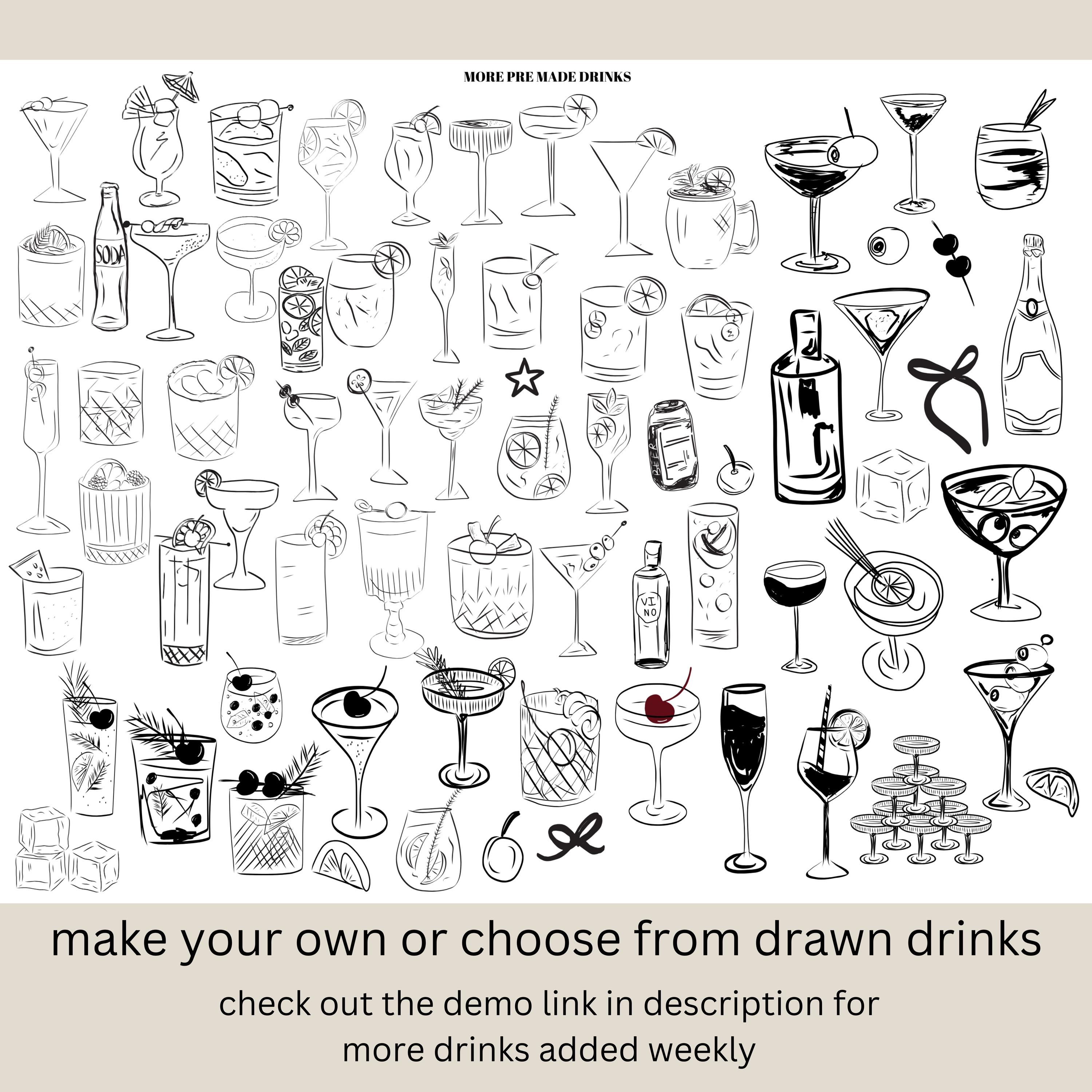 Pink Drink Bar Menu Template Printable, Hand Drawn Line Art Illustrated ...