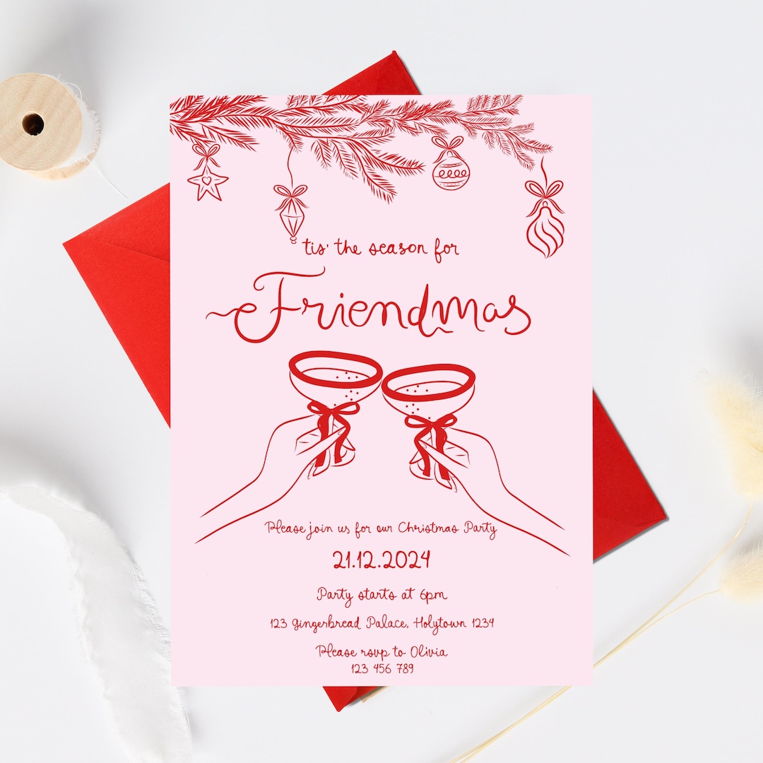 Friendsmas Christmas Party Invitation Template, Pink Friendmas Party ...