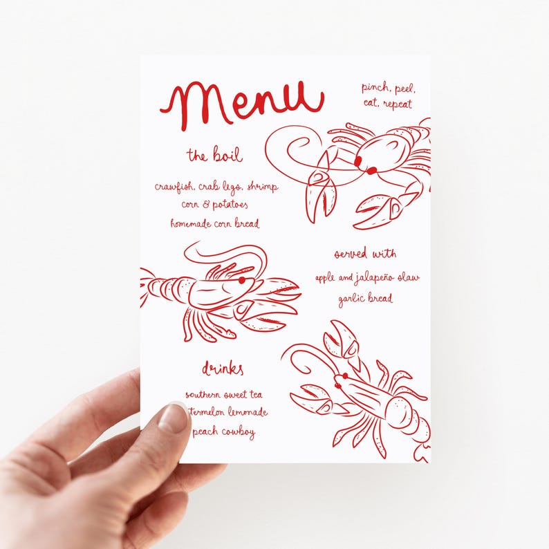 Whimsical Crawfish Boil Menu Template Printable, Hand Drawn Line Art ...