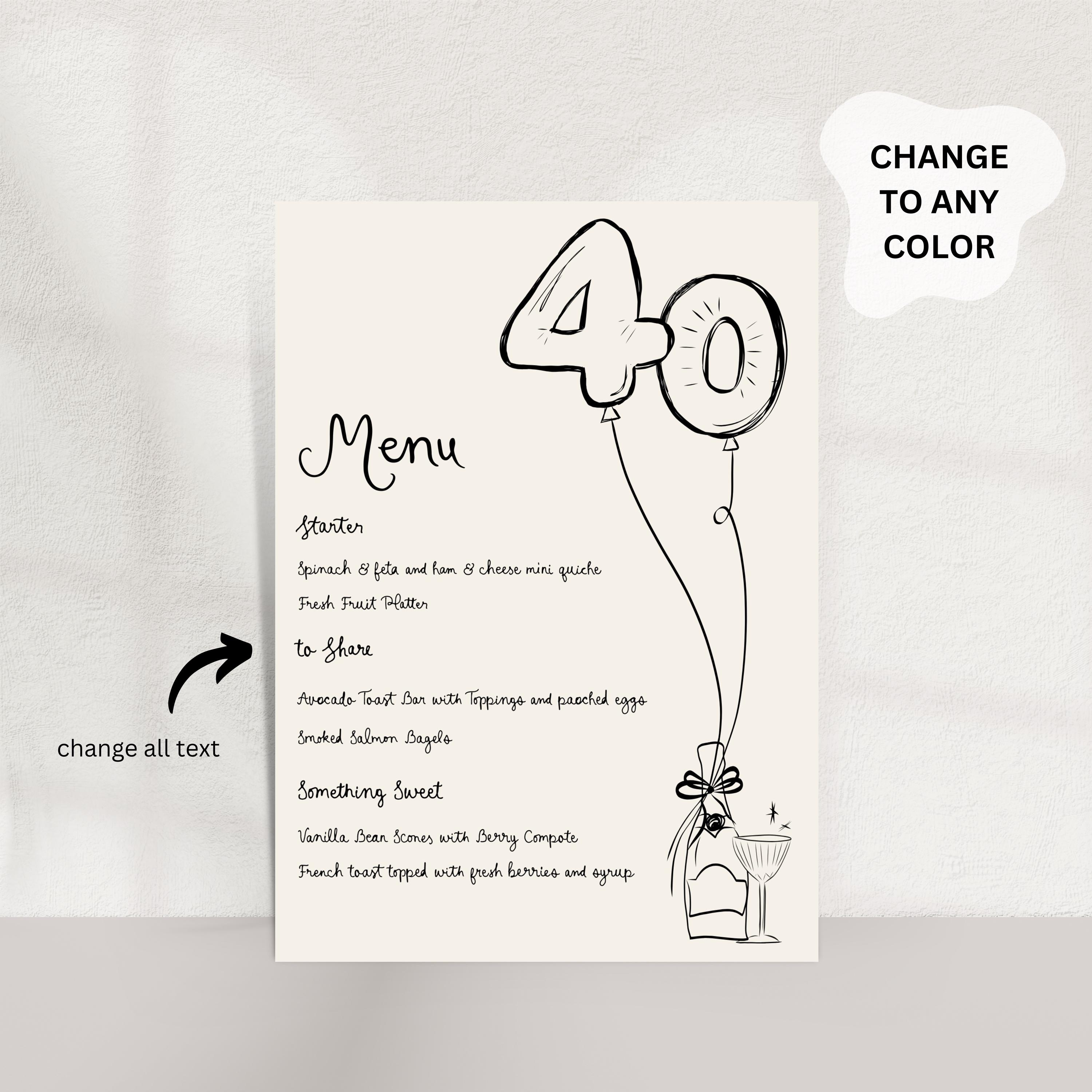 40th Birthday Menu Template Printable, Hand Drawn Dinner Menu for 40th ...
