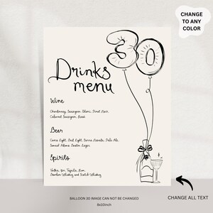 3OTH Balloon Drinks Menu Template Printable, 30th Birthday Cocktail Bar ...