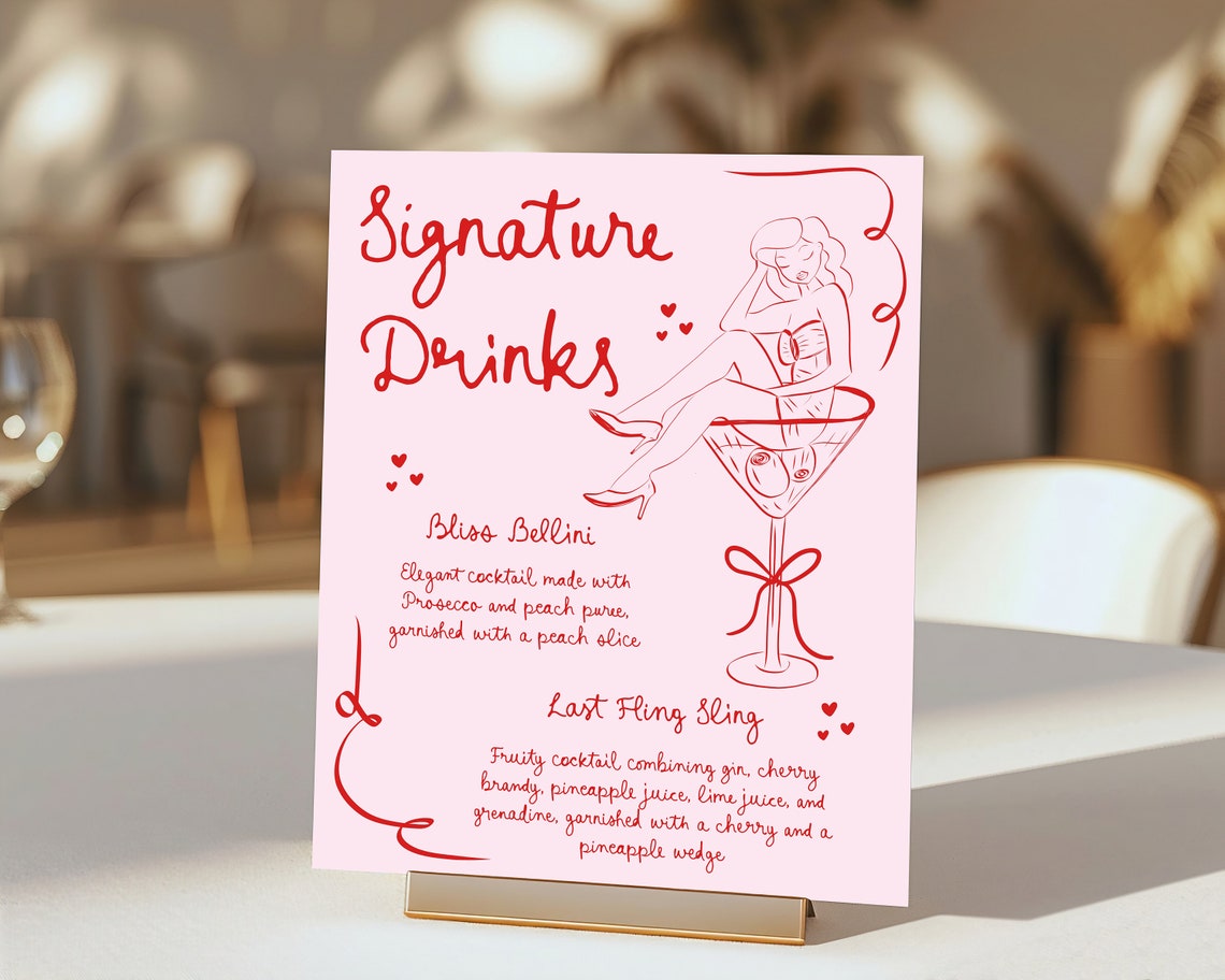 Pink Bachelorette Party Signature Drink Handwritten Bachelorette Bar ...