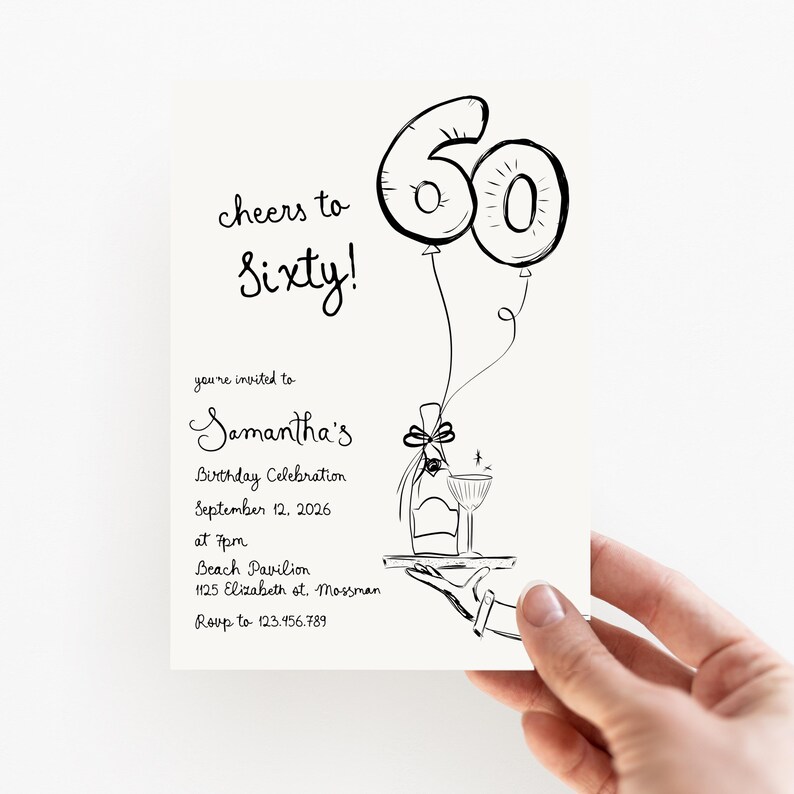 60th Birthday Invitation Template, 60th Birthday Invite, Hand Drawn ...