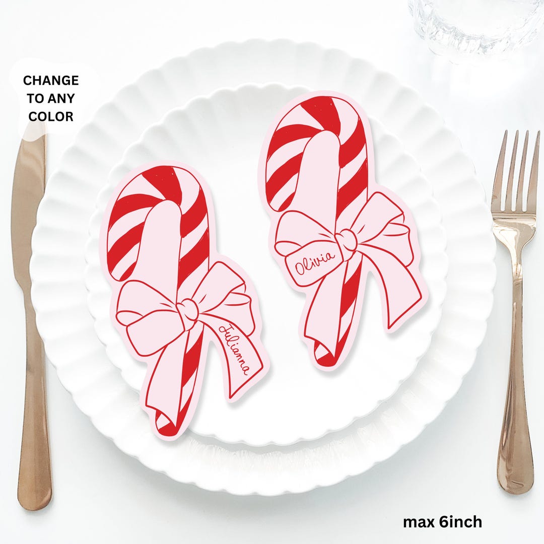 Christmas Candy Cane Pink Bow Place Cards Template, Whimsical Placecard ...