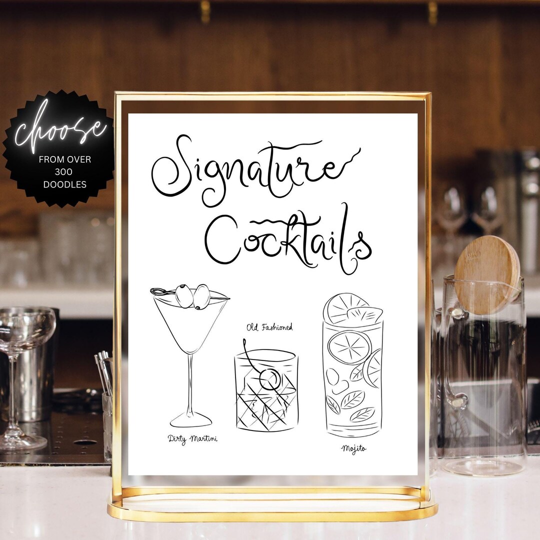 Drink Bar Menu Template Printable, Hand Drawn Line Art Illustrated Bar ...