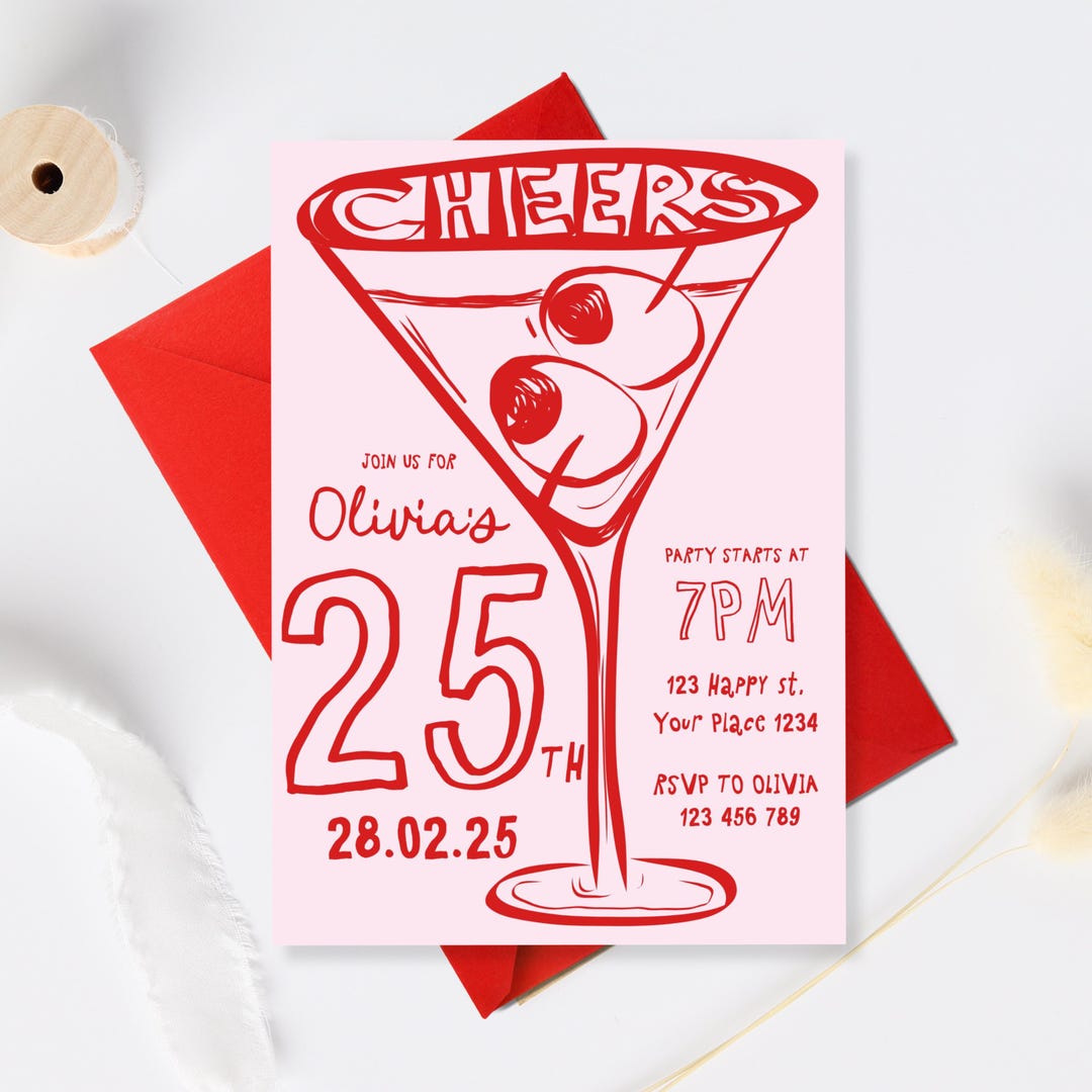 25th Birthday Invitation, Whimsical Twenty Five Birthday Invite, Red ...