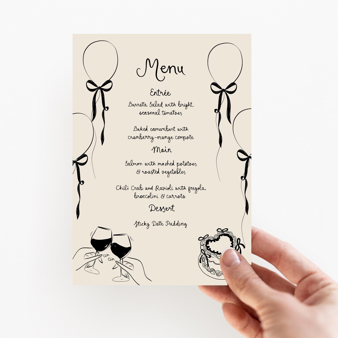Balloon Birthday Dinner Menu Template Printable, Hand Drawn Line Art ...