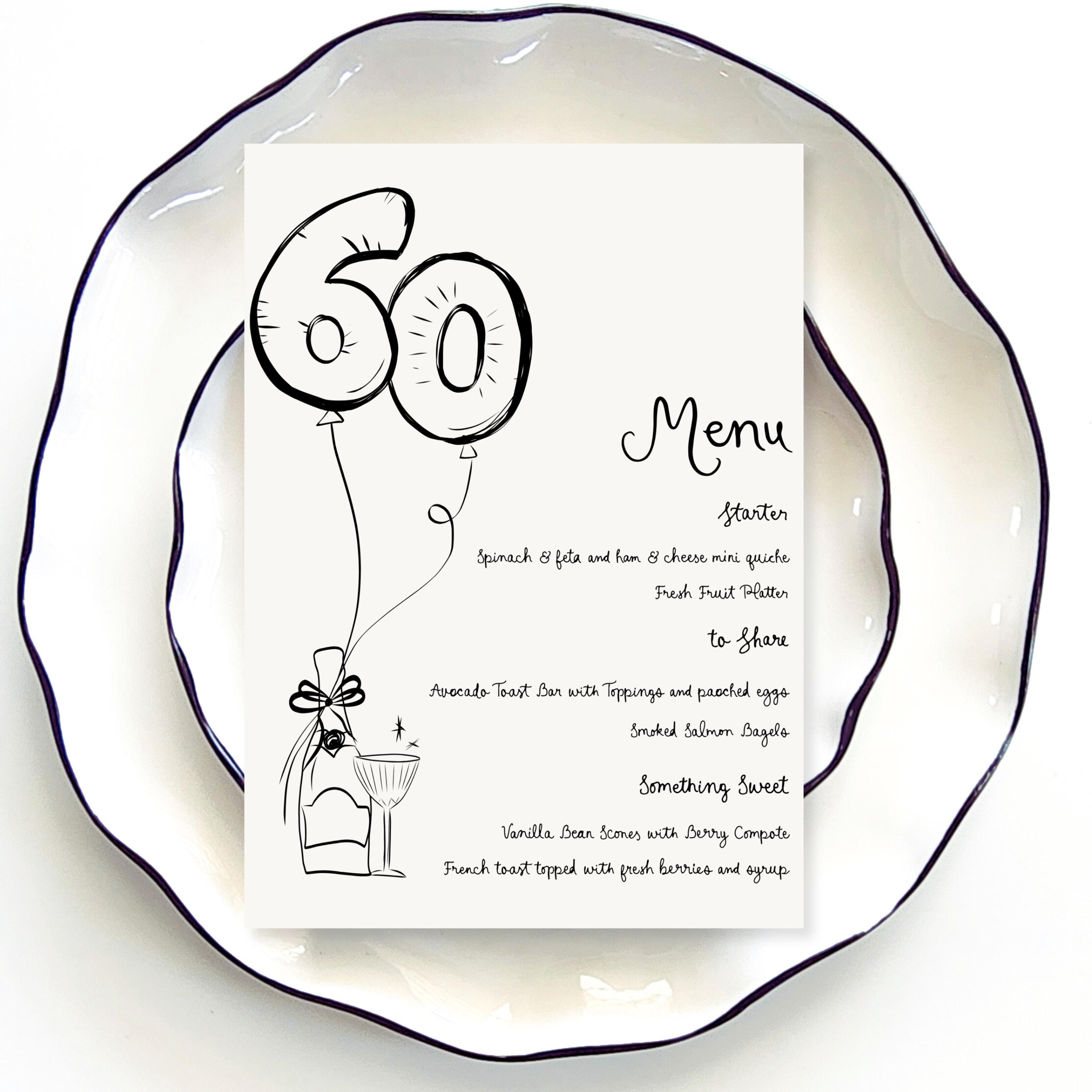 60th Birthday Menu Template Printable, Hand Drawn Dinner Menu for 60th ...