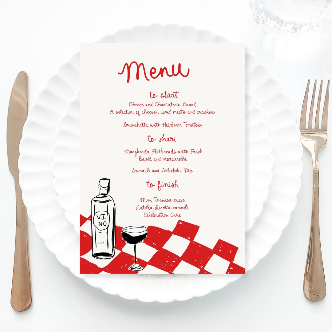 Red Italian Inspired Menu Template Printable, Hand Drawn Line Art Vino ...