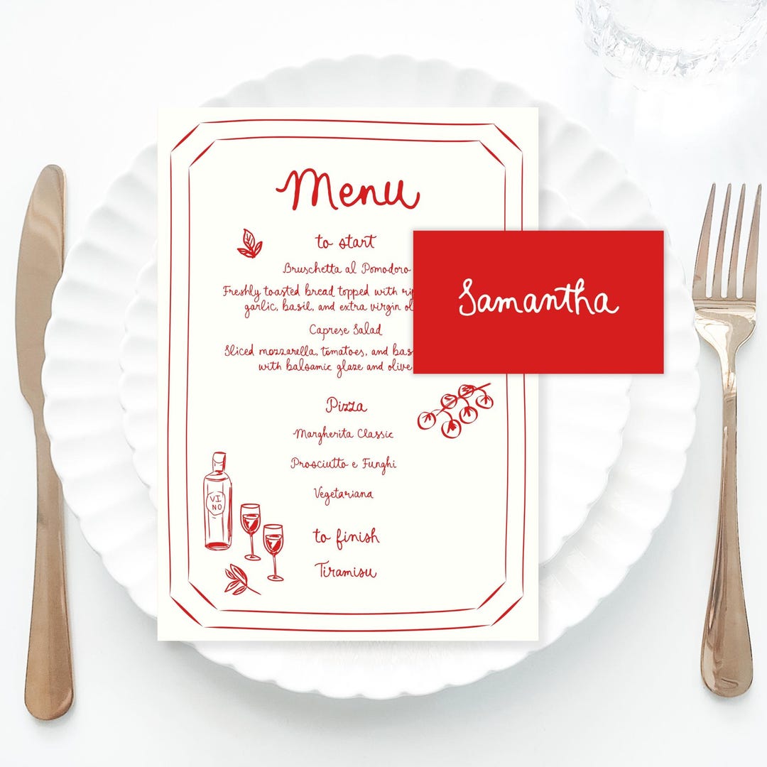 Red Whimsical Menu Template Printable, Hand Drawn Line Art Illustrated ...