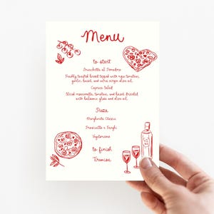 Red Italian Inspired Menu Template Printable, Hand Drawn Line Art ...