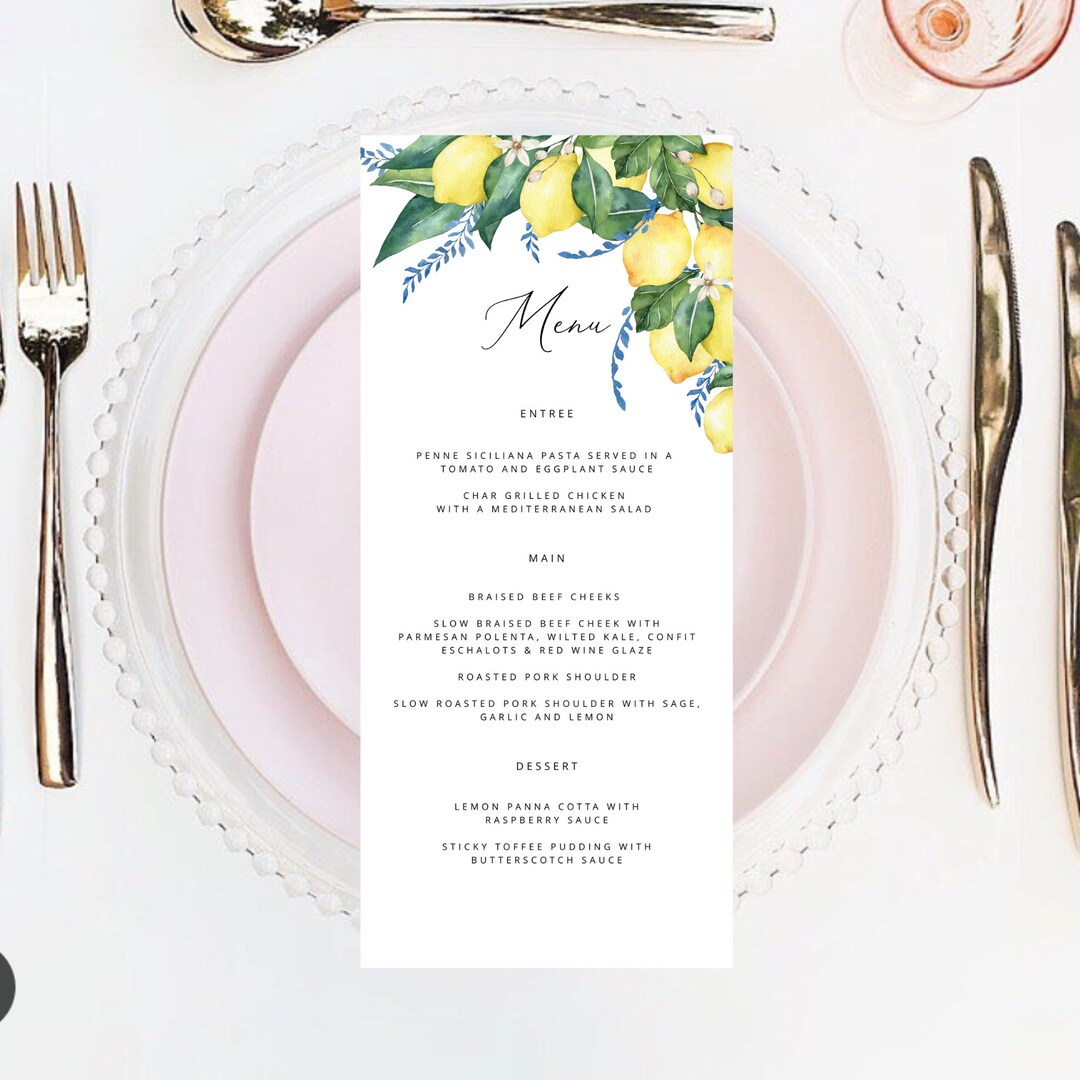 Lemon Wedding Menu Cards, Lemon Floral Menu Template, Bridal Shower ...