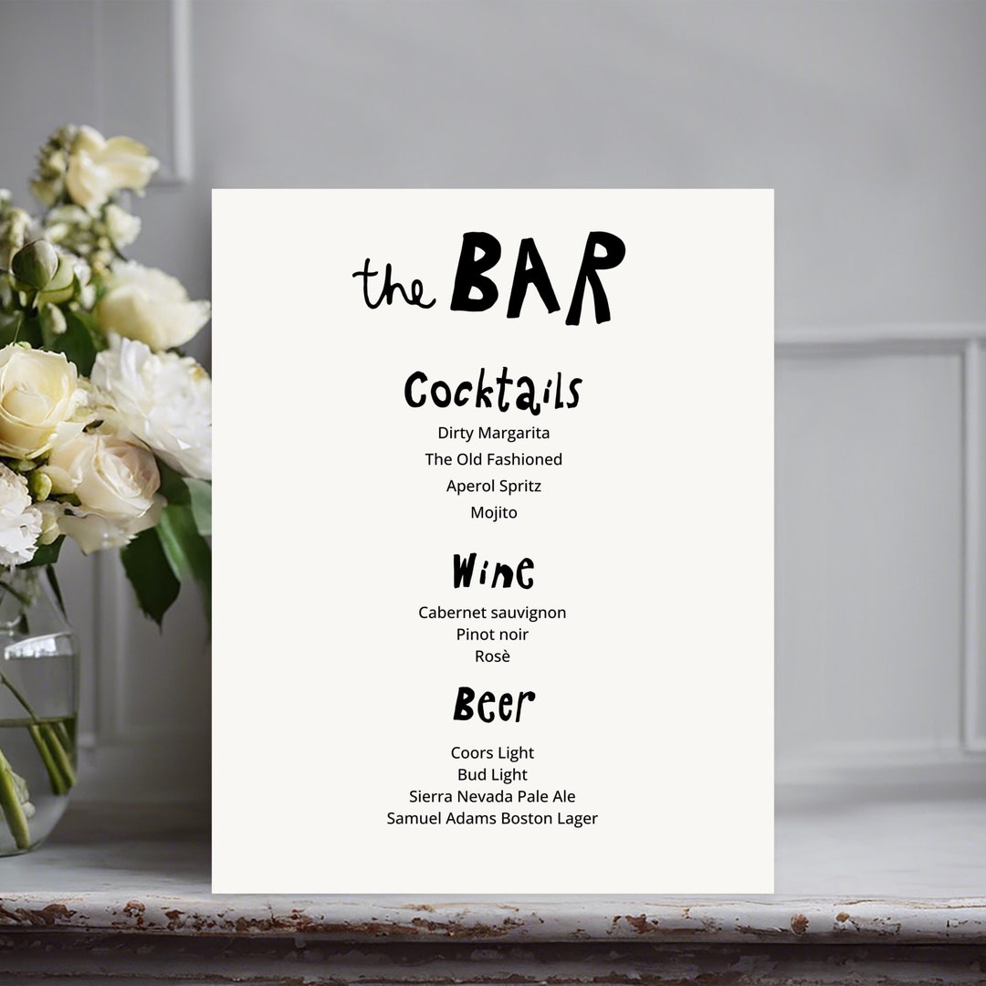 Drinks Menu Template Printable, the Bar Menu, Drinks Simple Menu Bar ...