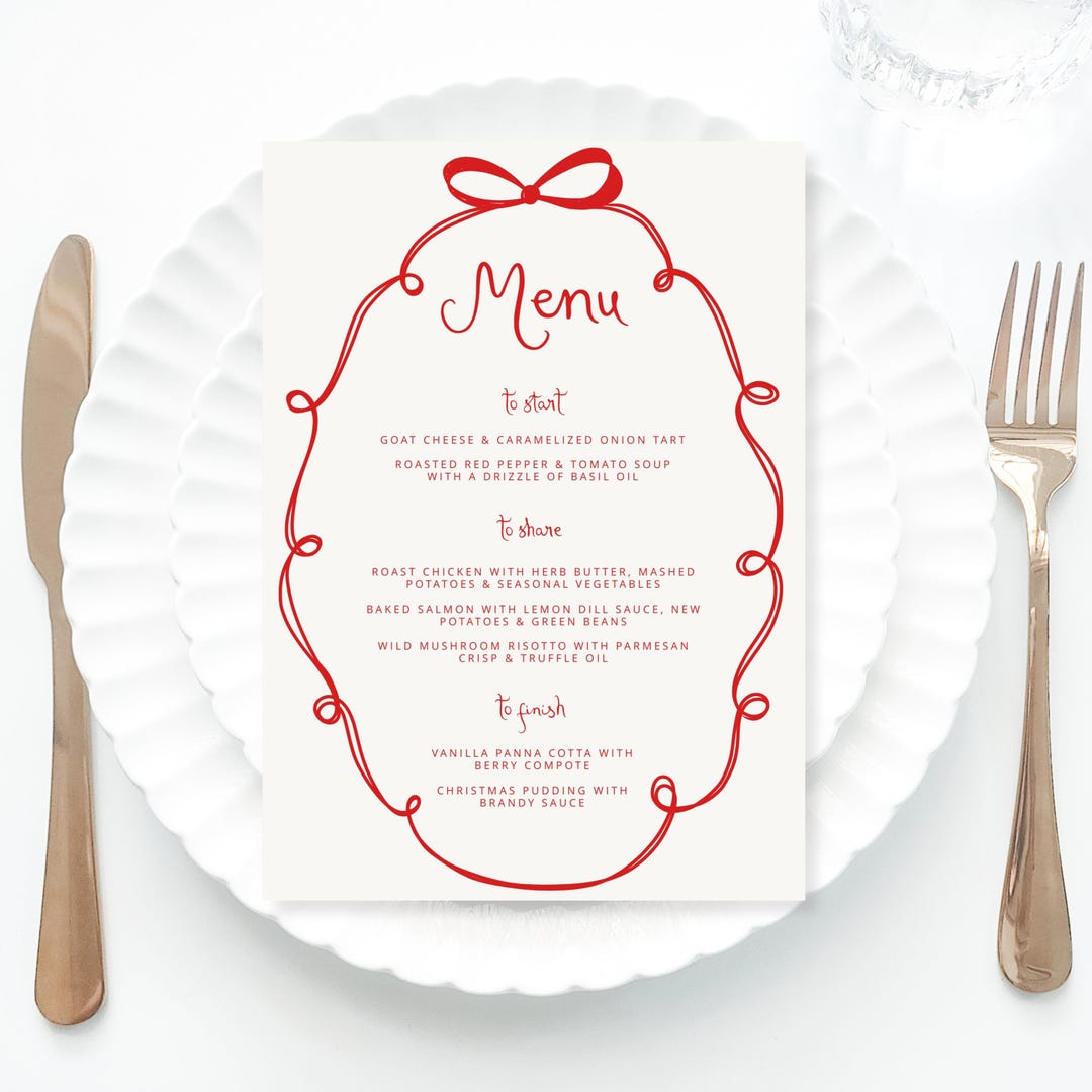 Christmas Menu Template Printable, Hand Drawn Line Art Christmas Food ...