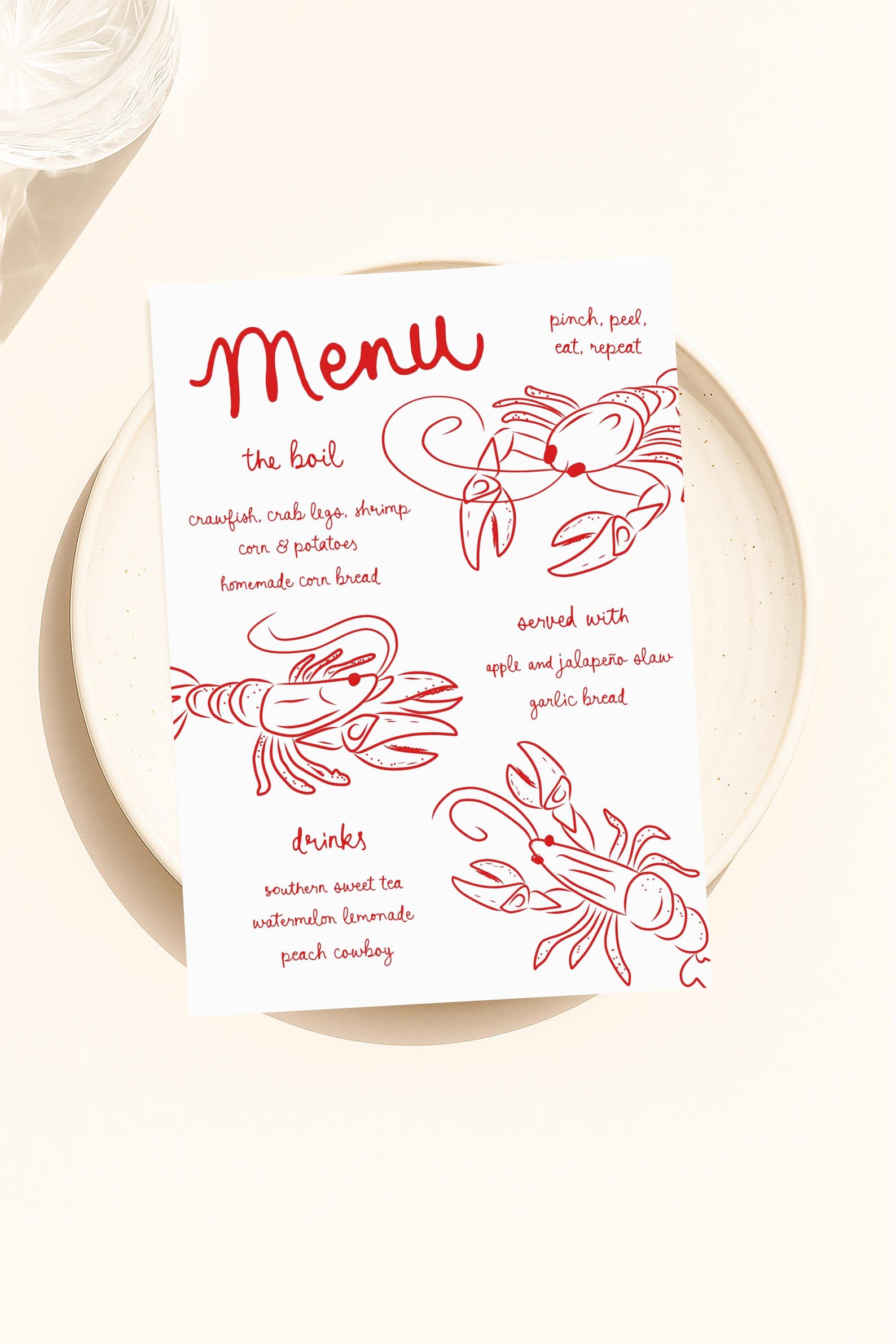Whimsical Crawfish Boil Menu Template Printable, Hand Drawn Line Art ...