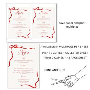 Red Bow Menu Template Printable, Hand Drawn Line Art Christmas Food ...