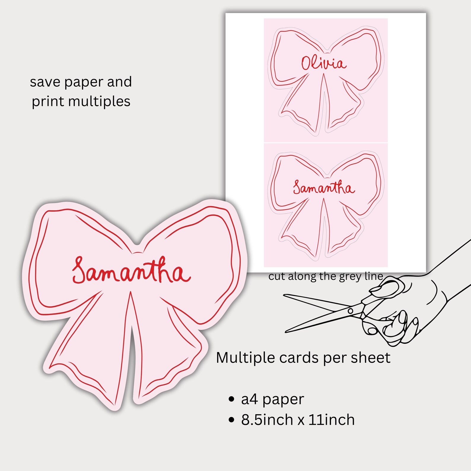 Pink Bow Place Cards Template, Whimsical Placecard, Bow Place Card, Bow ...