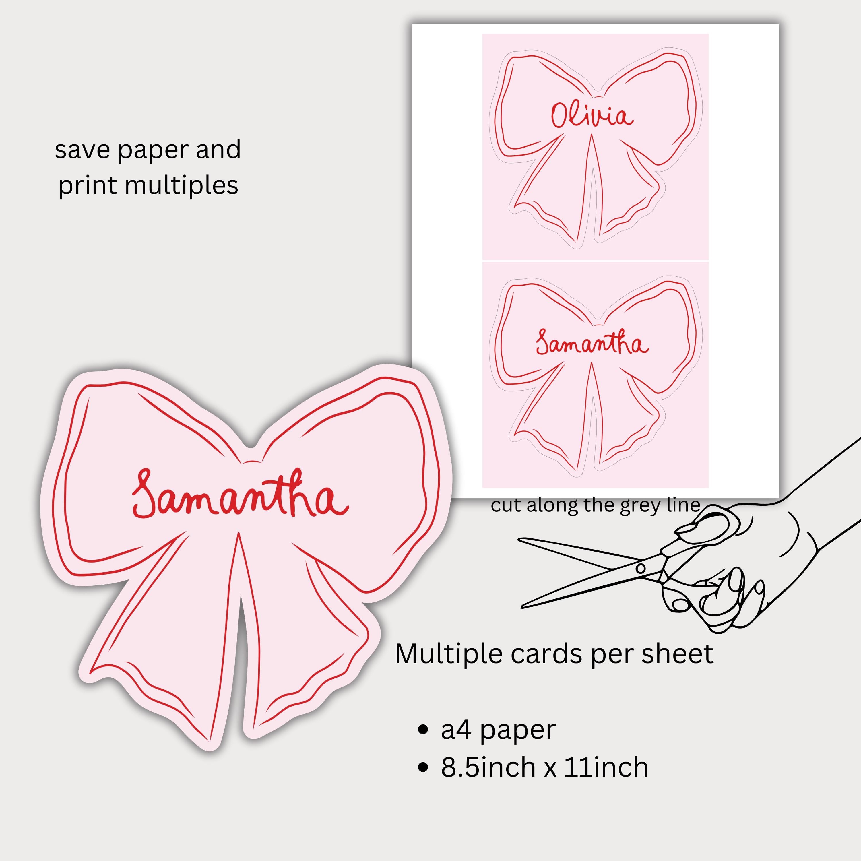 Pink Bow Place Cards Template, Whimsical Placecard, Bow Place Card, Bow ...