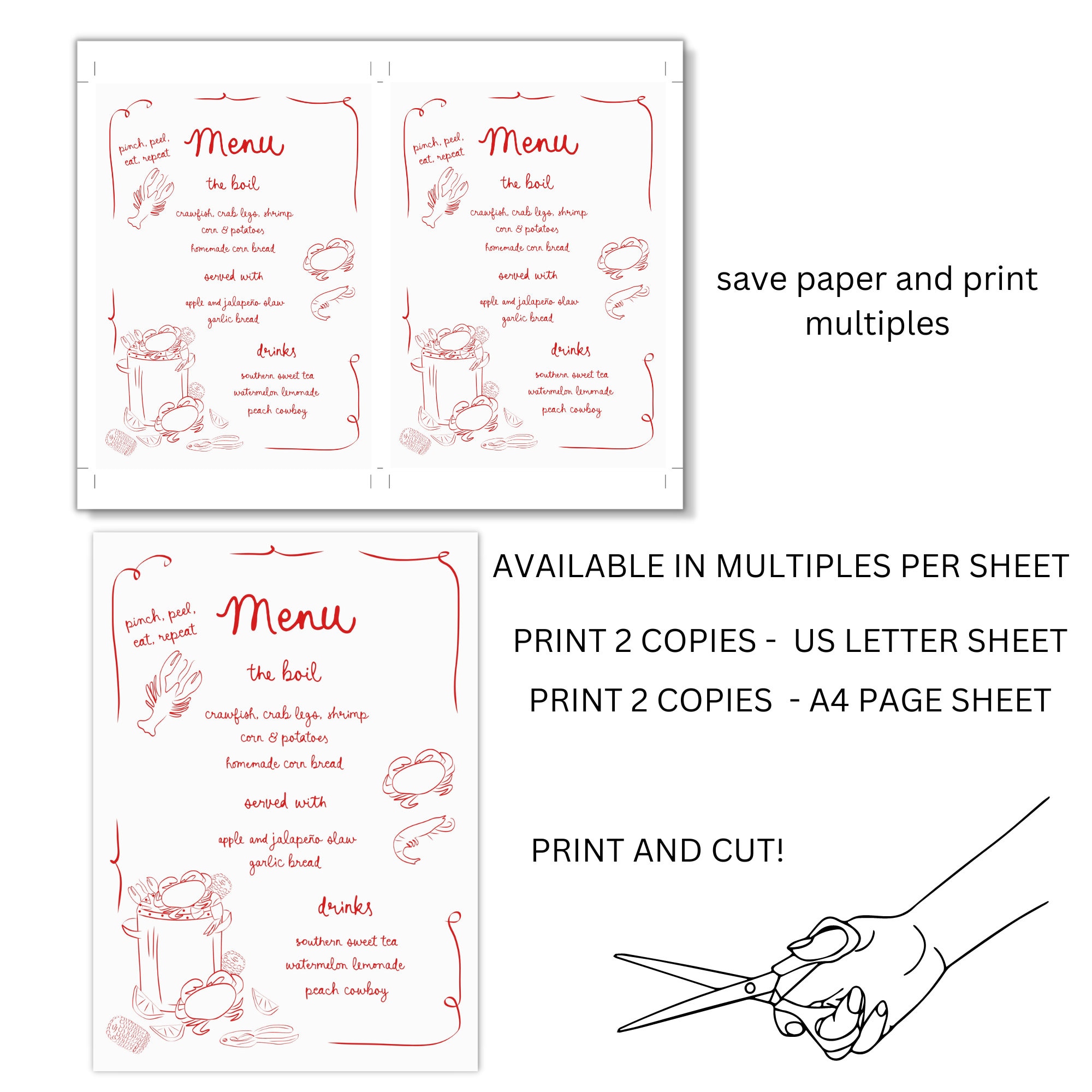 Whimsical Crawfish Boil Menu Template Printable, Hand Drawn Line Art ...