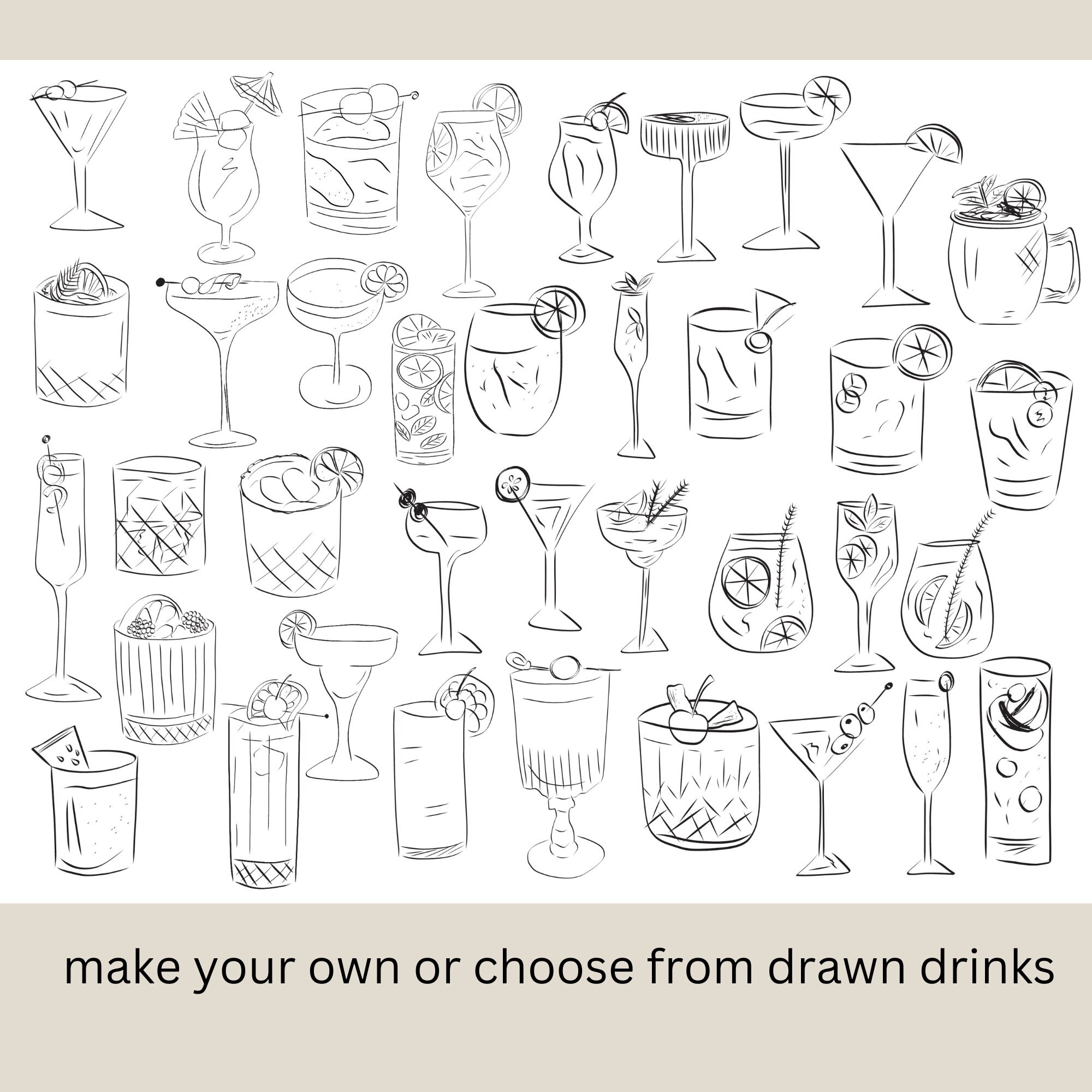 Drink Bar Menu Template Printable, Hand Drawn Line Art Illustrated Bar ...