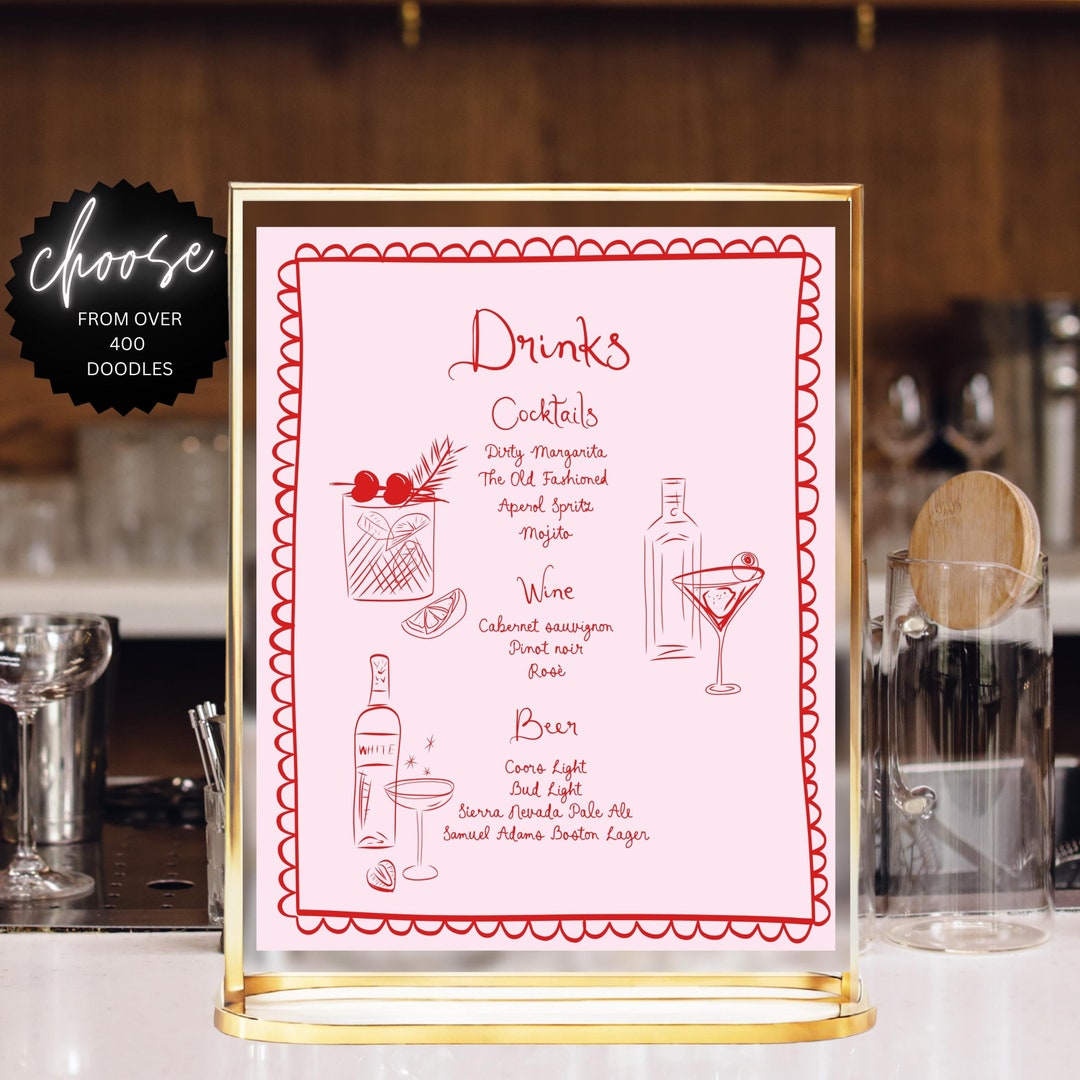 Pink Drink Bar Menu Template Printable, Hand Drawn Line Art Illustrated ...