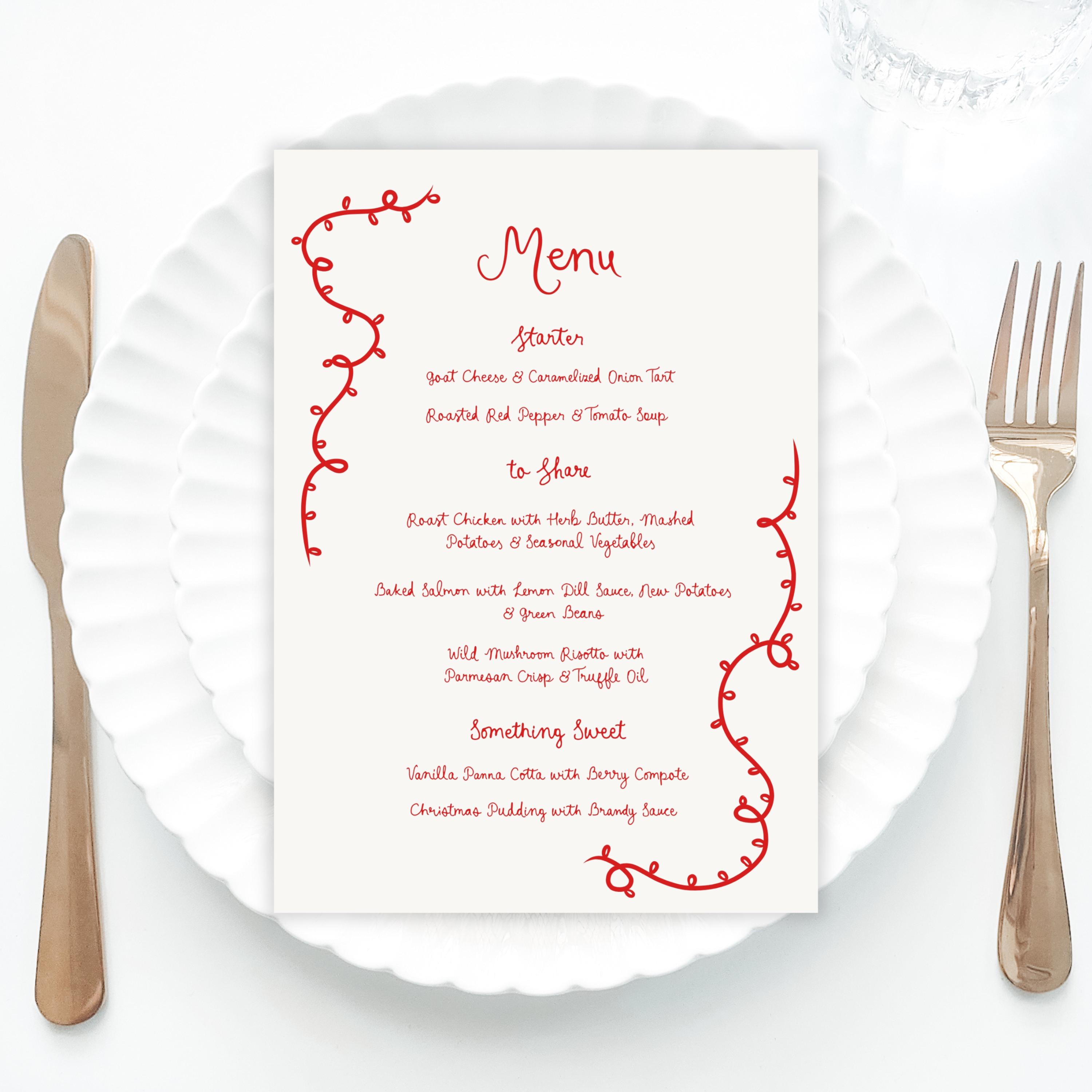 Christmas Menu Template Printable, Hand Drawn Line Art Christmas Menu ...
