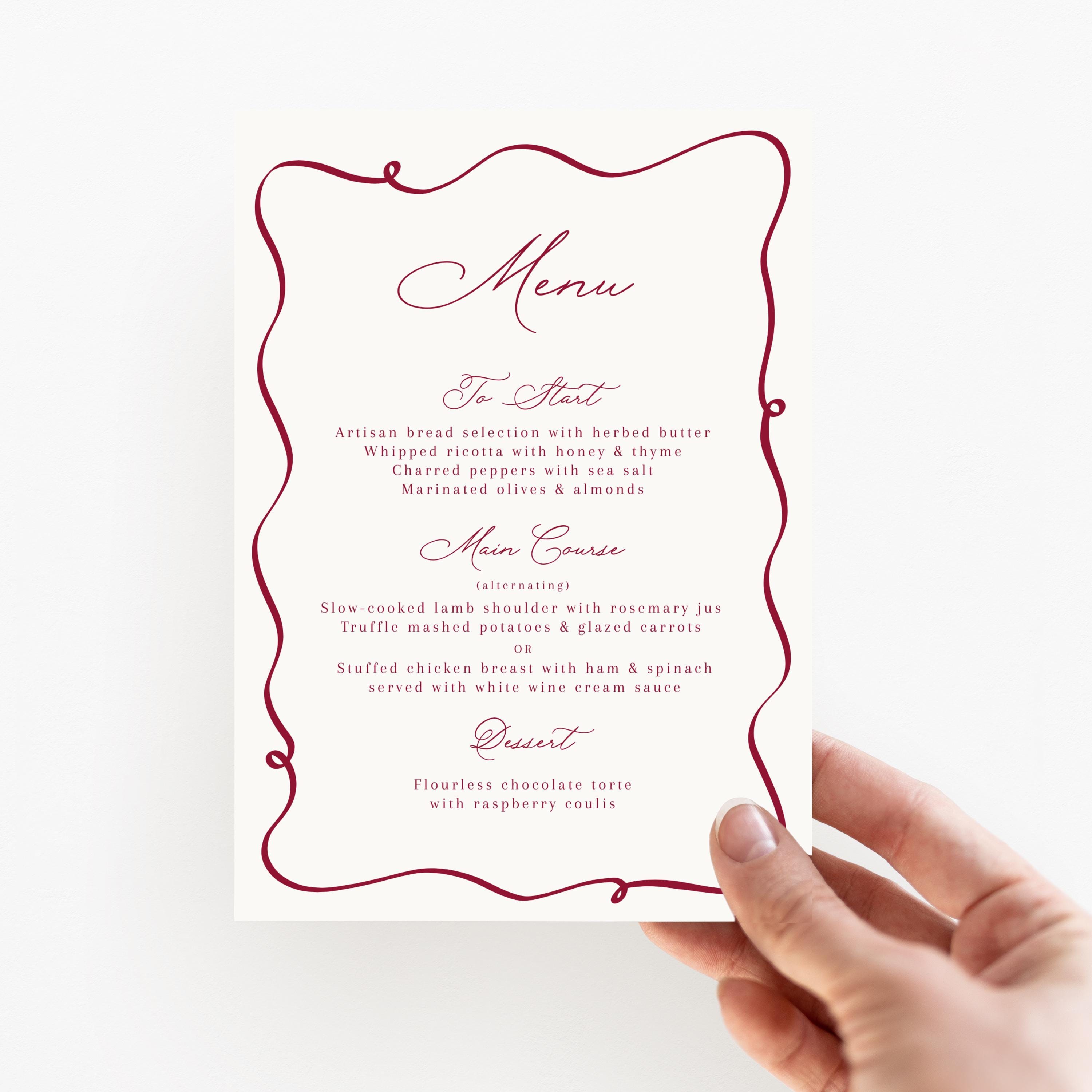 Elegant Burgundy Wedding Menu Template, Printable Dinner Menu, Editable ...