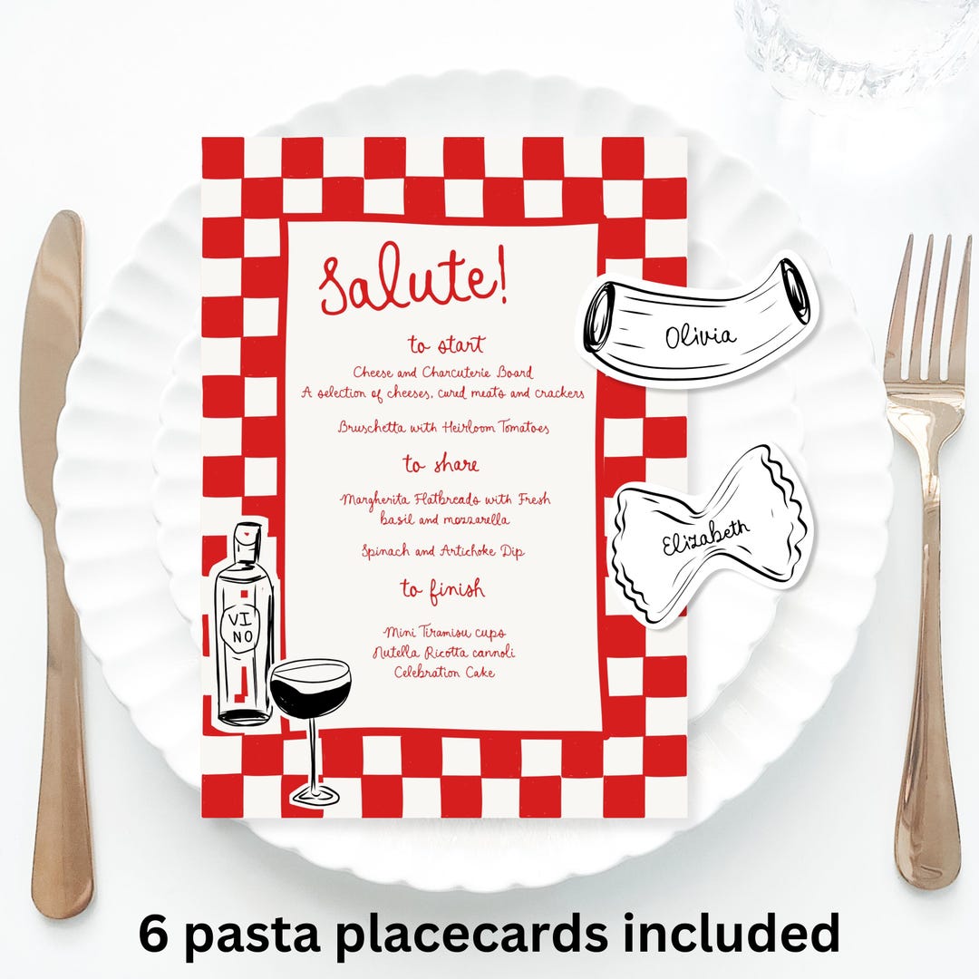 Red Italian Inspired Menu Template Printable, Pasta Placecards Art Vino ...