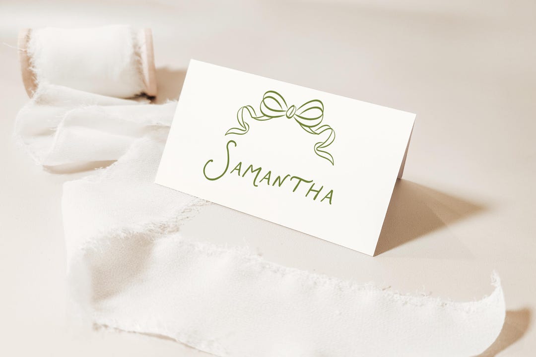 Bow Placecard Template, Sage Green Wedding Name Card, Printable Table ...