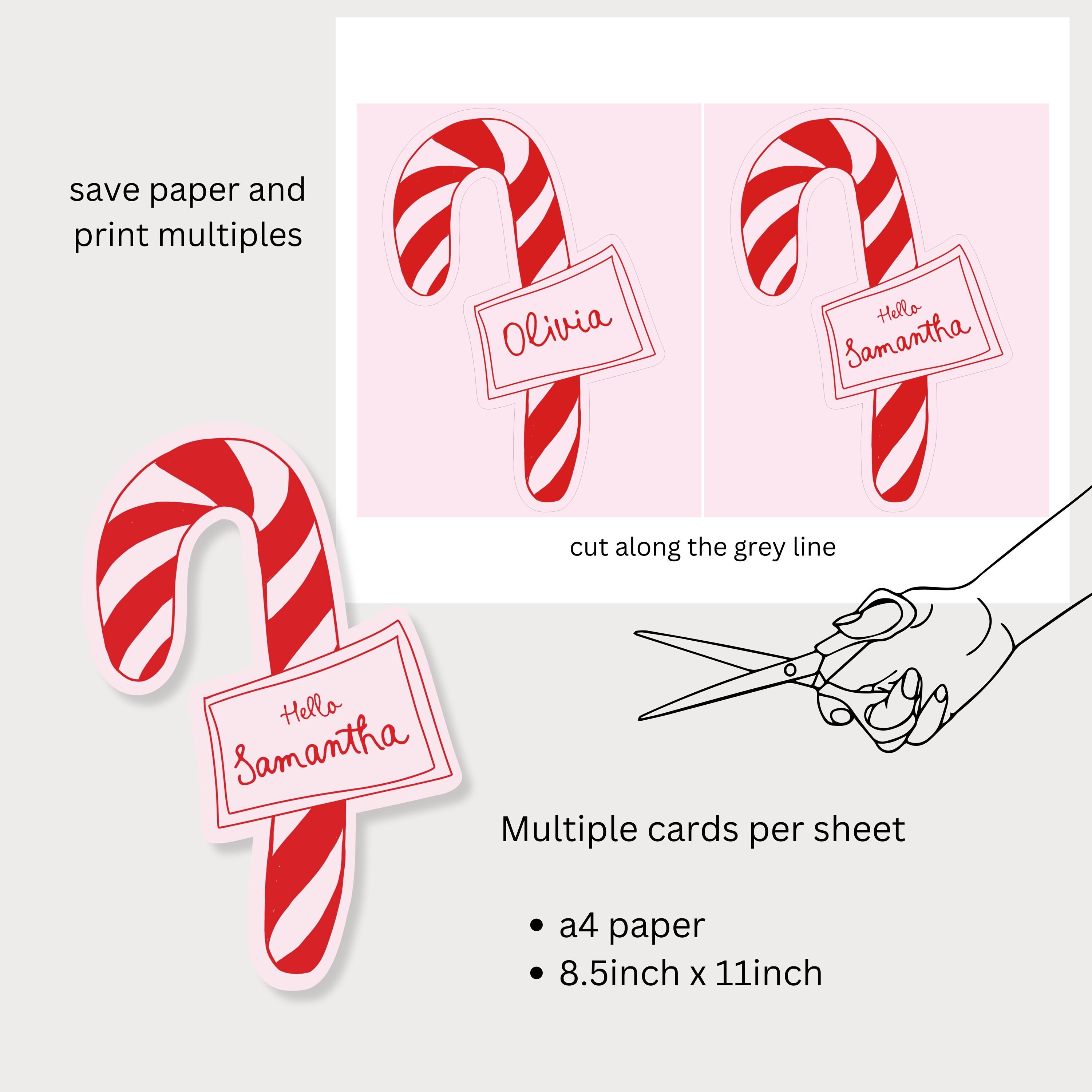 Christmas Candy Cane Pink Place Cards Template, Whimsical Placecard ...