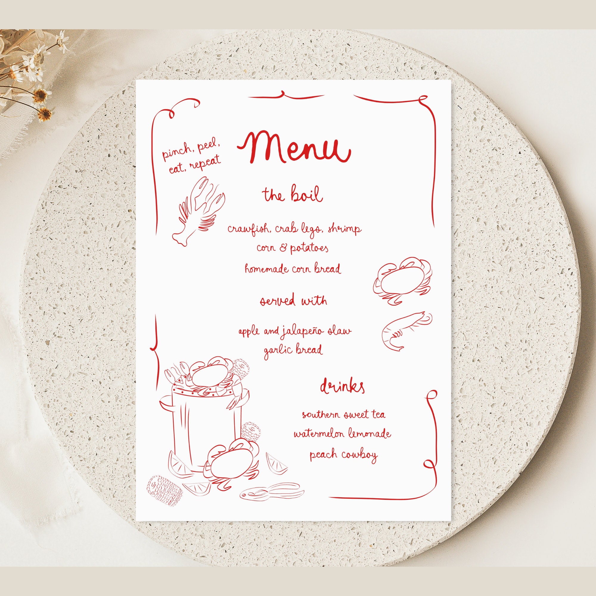 Whimsical Crawfish Boil Menu Template Printable, Hand Drawn Line Art ...