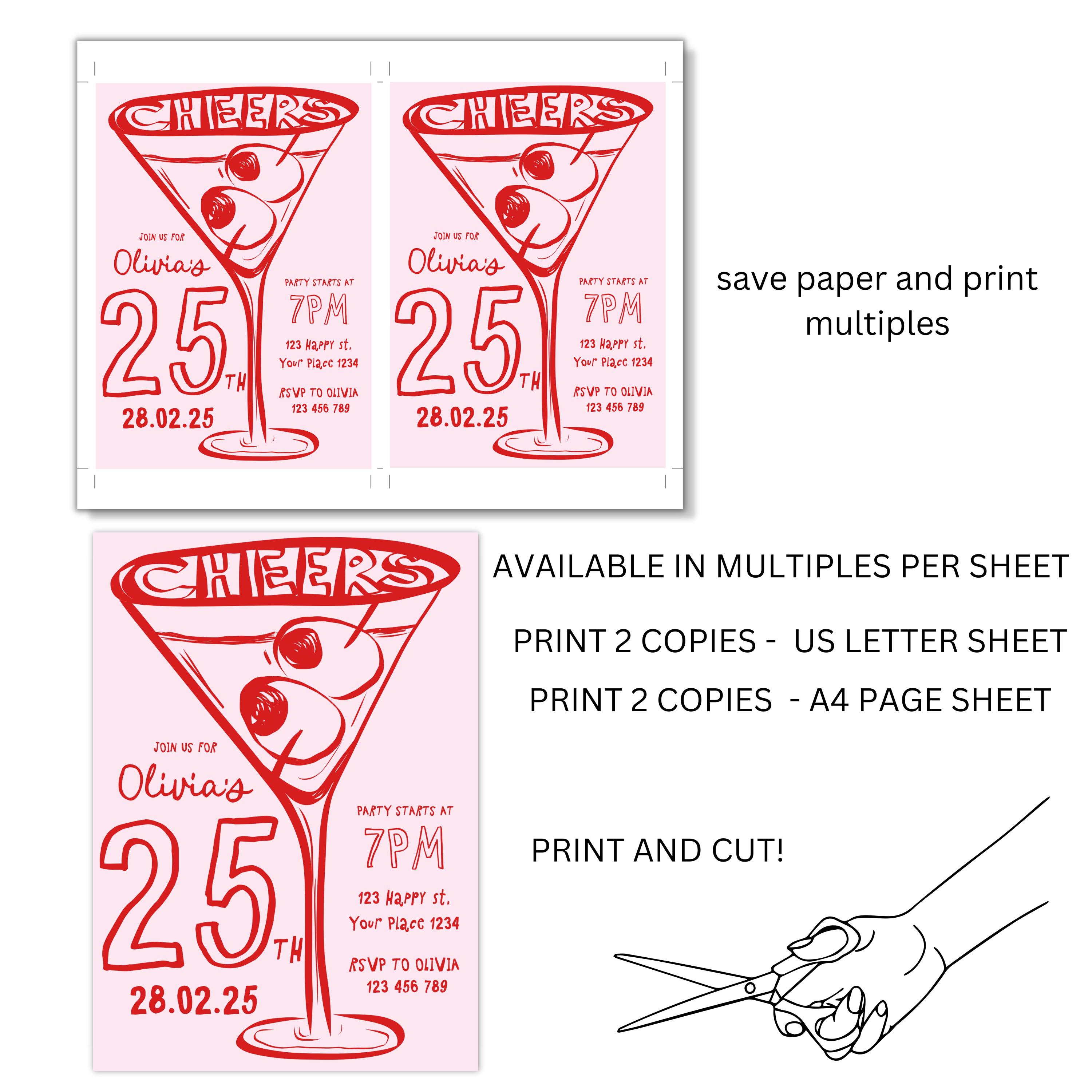 25th Birthday Invitation, Whimsical Twenty Five Birthday Invite, Red ...