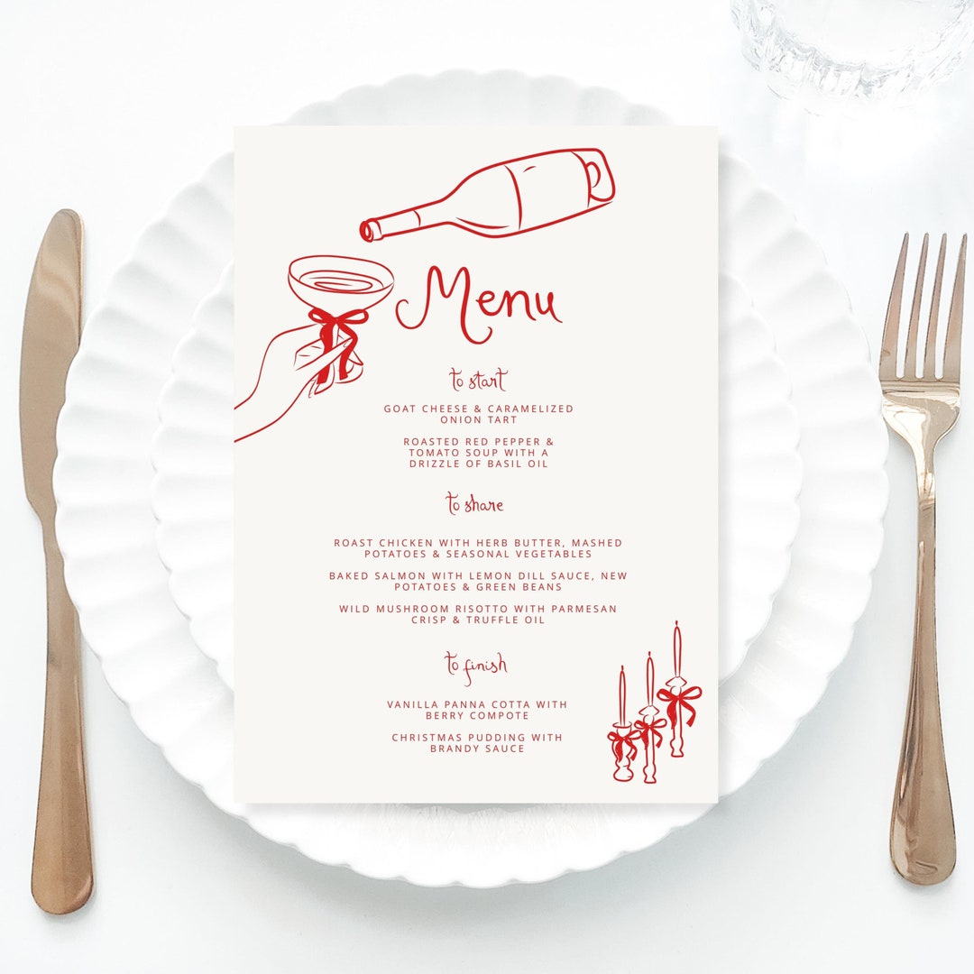 Red Menu Template Printable, Hand Drawn Line Art Christmas Food Menu ...