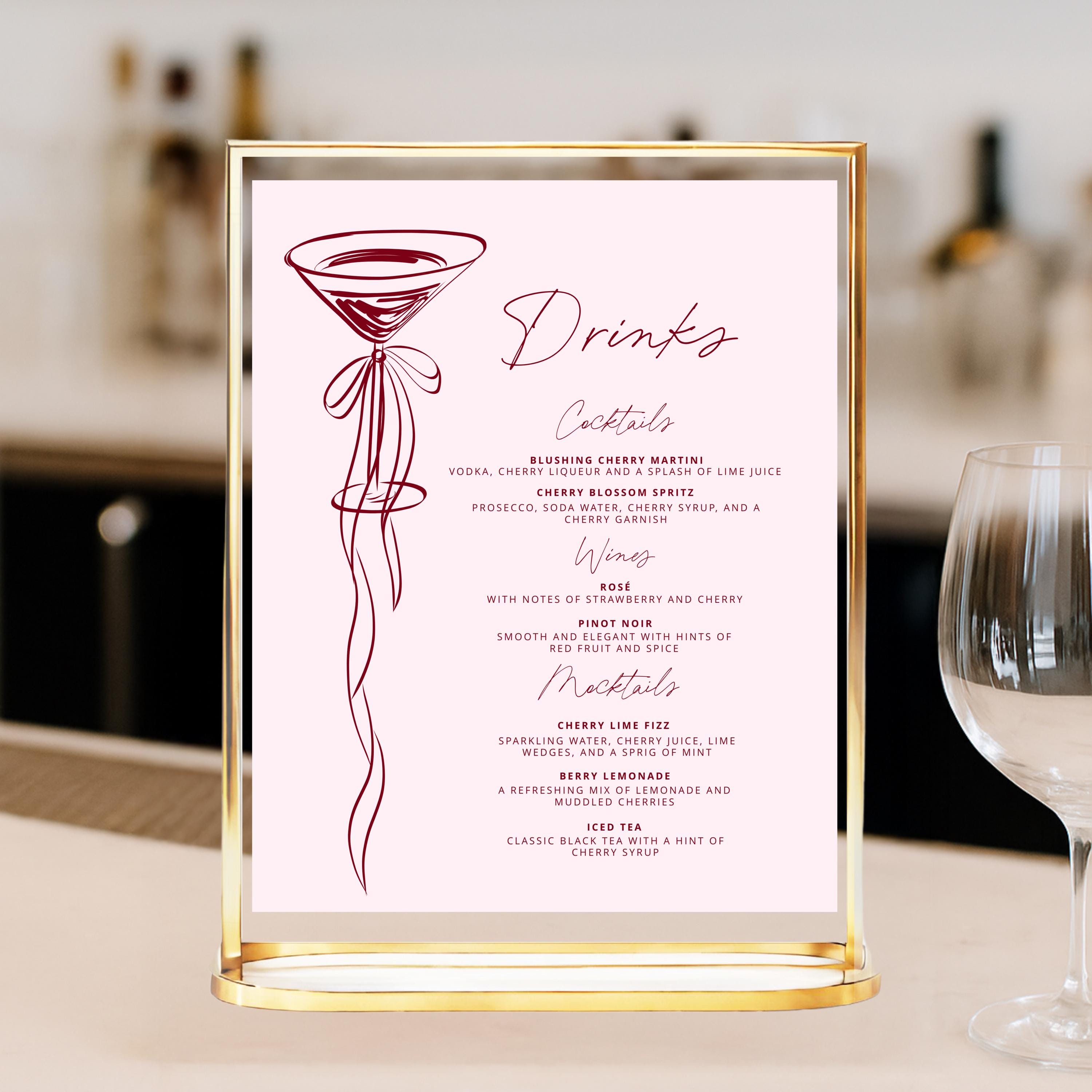 Pink Bow Drinks Menu Template Printable, Tying the Knot Bridal Bar Menu ...
