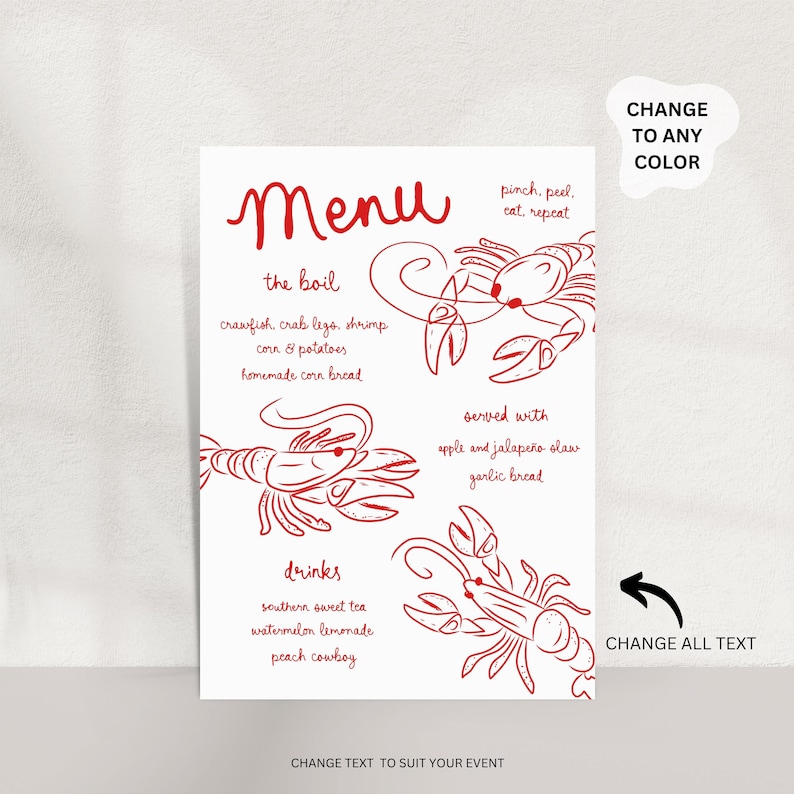 Whimsical Crawfish Boil Menu Template Printable, Hand Drawn Line Art ...