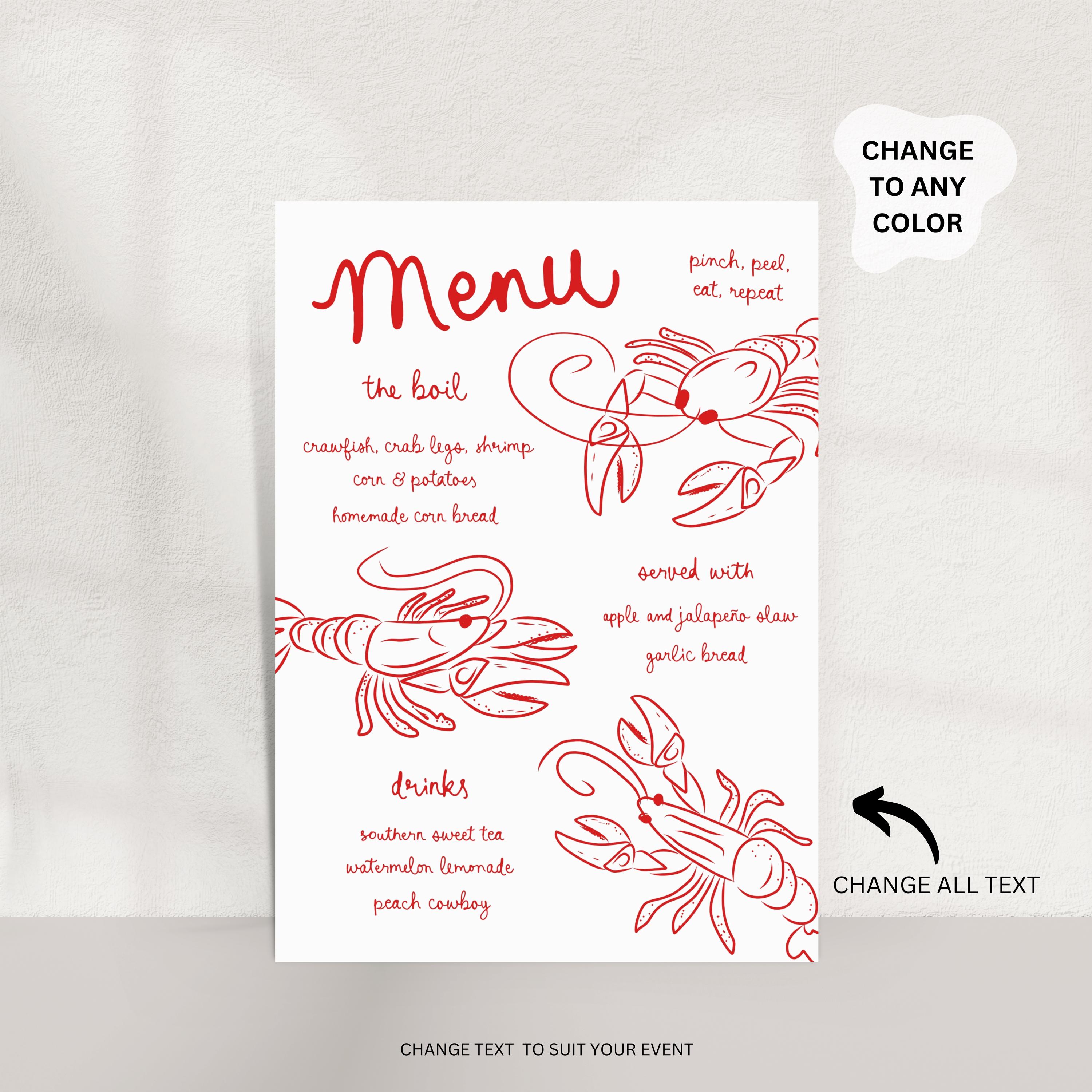 Whimsical Crawfish Boil Menu Template Printable, Hand Drawn Line Art ...