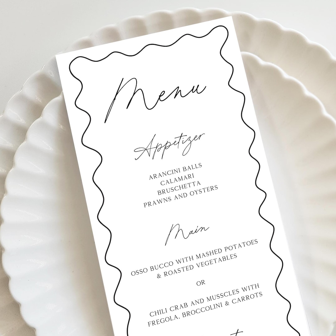 Whimsical Wedding Menu Template Printable, Hand Drawn Wavy Edge Wedding ...