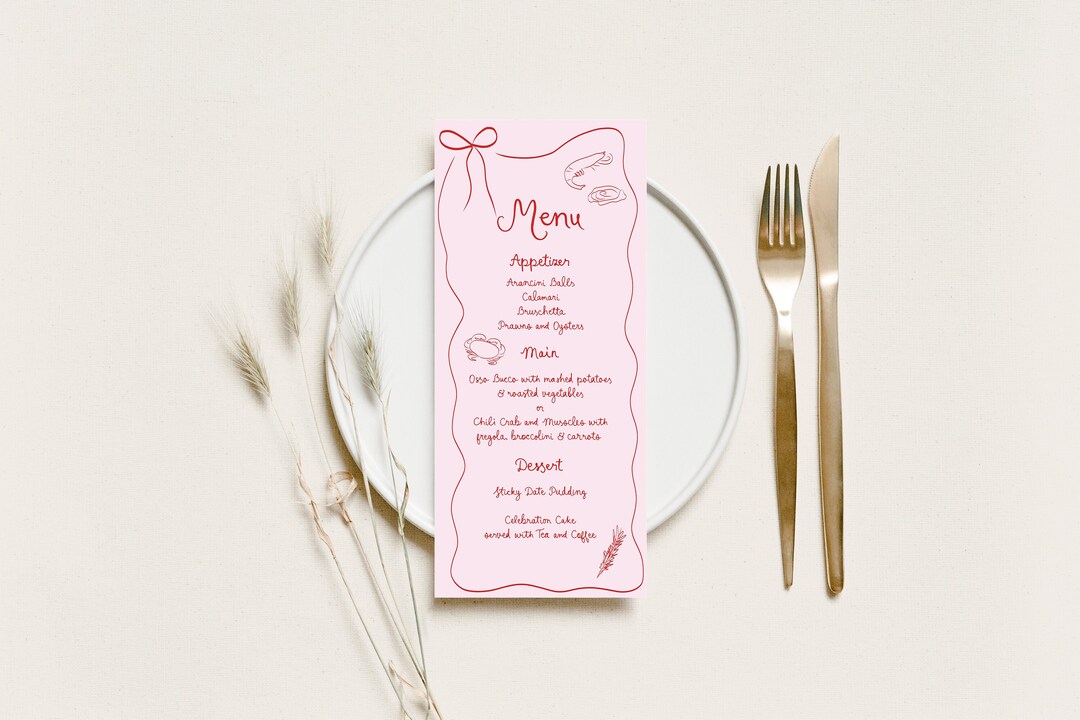 Pink Wedding Menu Template Printable, Hand Drawn Line Art Illustrated ...