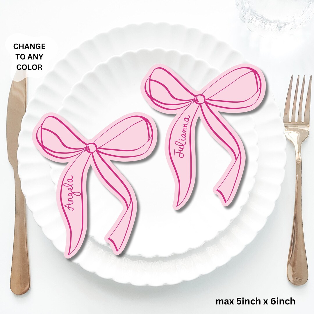 Pink Bow Place Cards Template, Whimsical Placecard, Bow Place Card, Bow ...