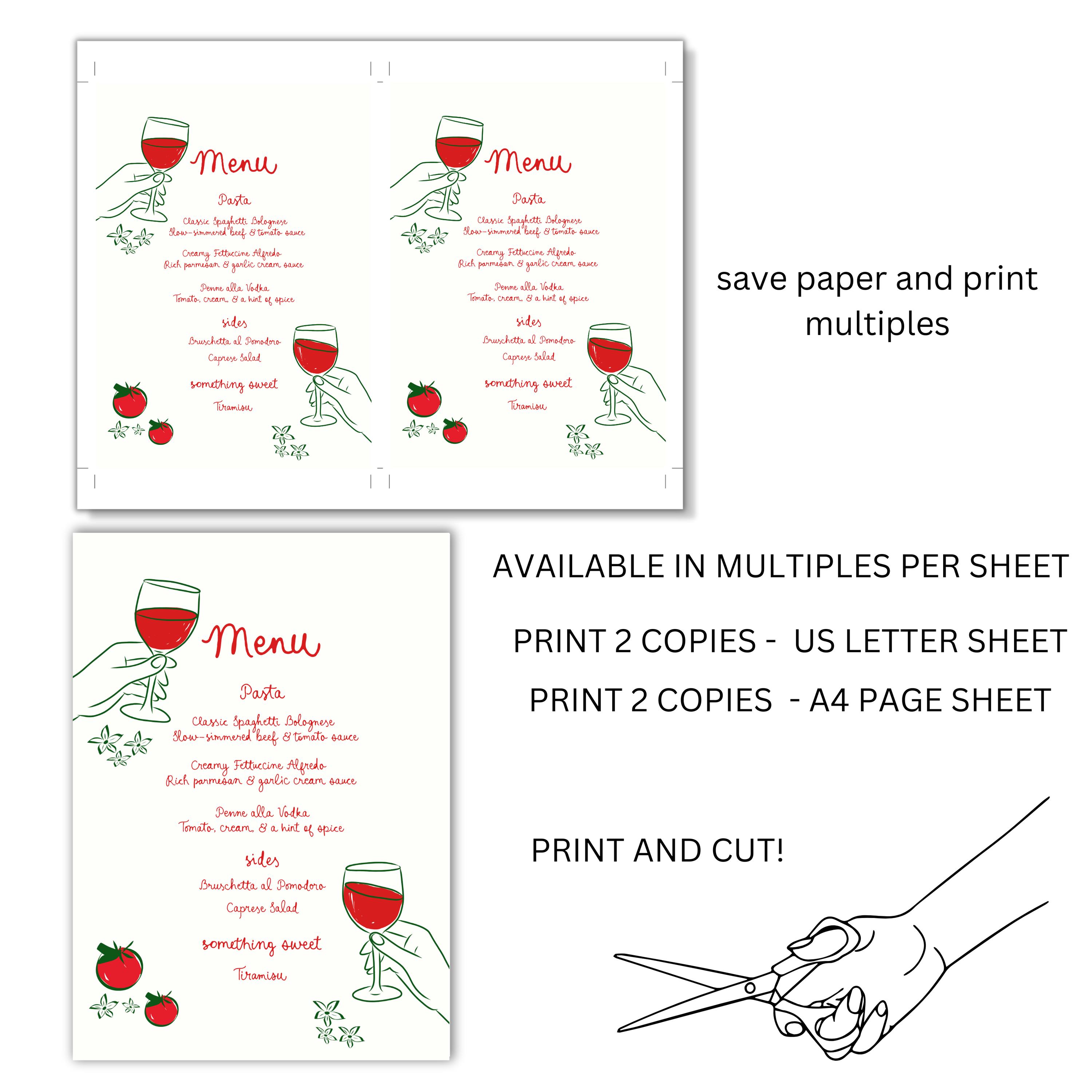 Italian Themed Menu Template, Editable Pasta Party Dinner Menu, Italian ...