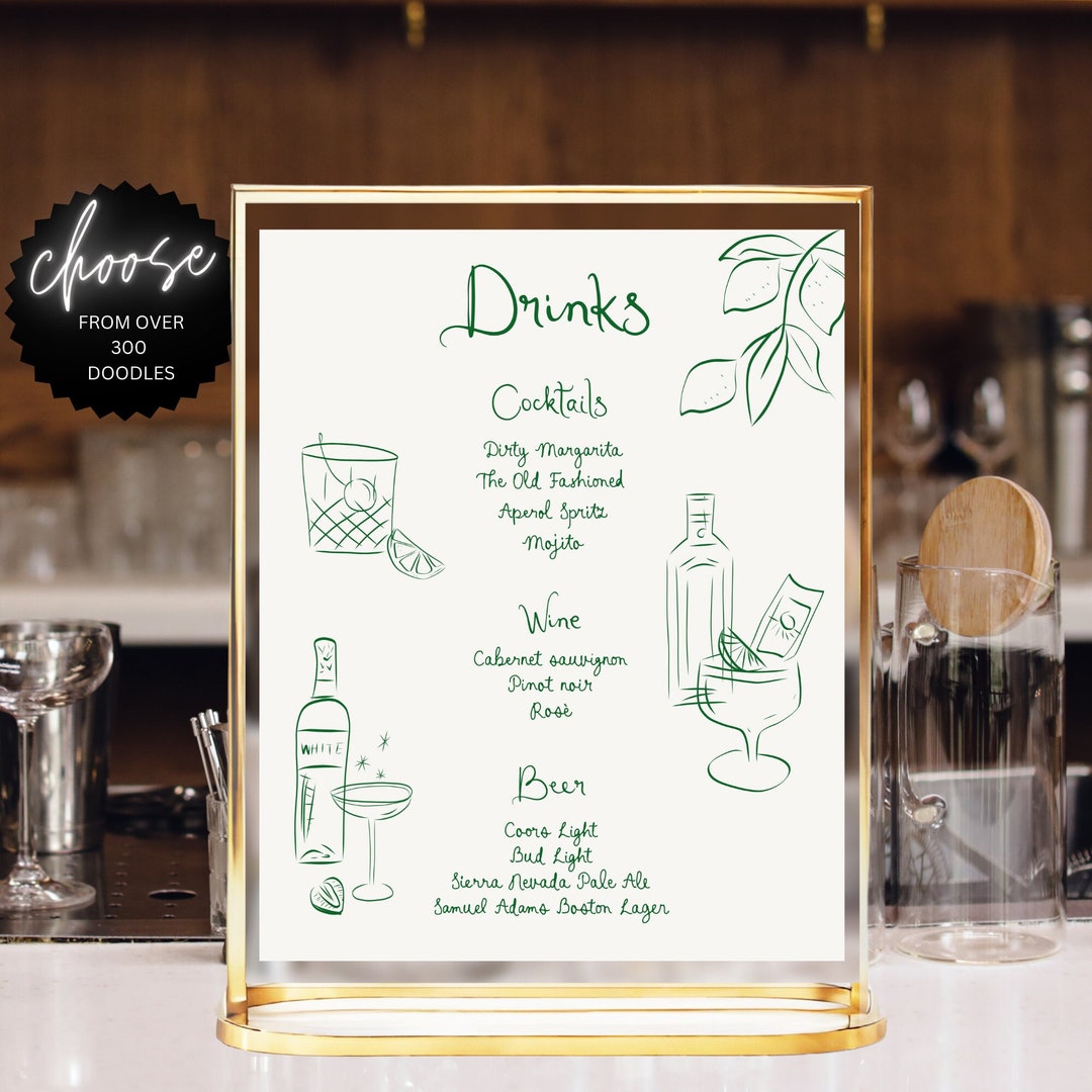 Drink Bar Menu Template Printable, Hand Drawn Line Art Illustrated Bar ...
