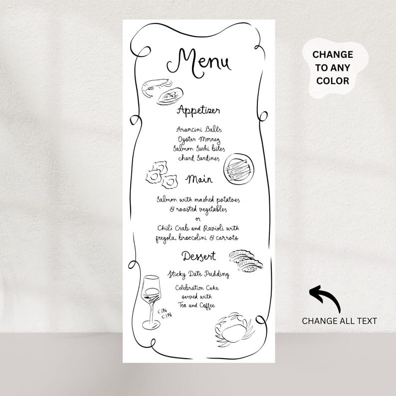 Whimsical Wedding Menu Template Printable, Hand Drawn Line Art ...