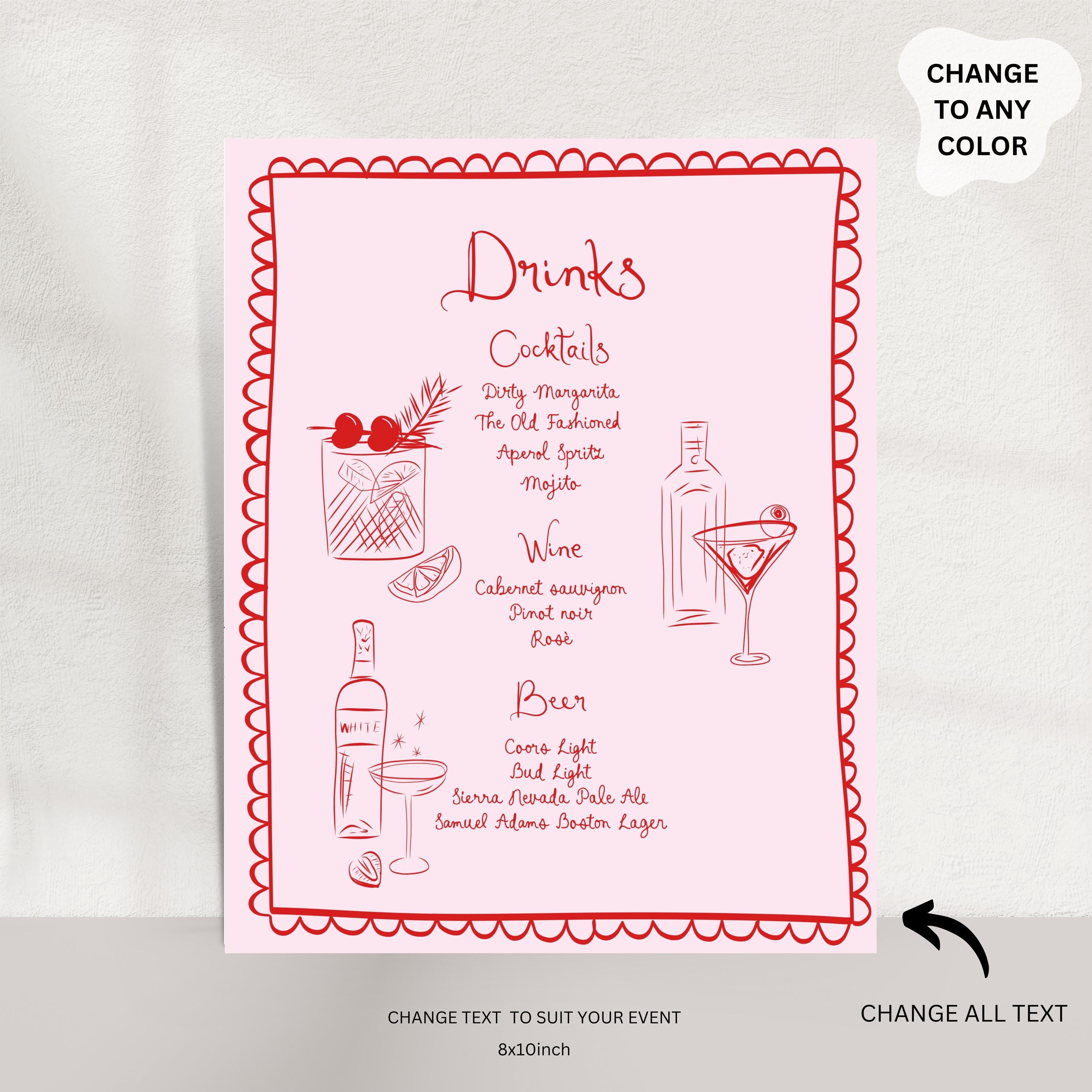 Pink Drink Bar Menu Template Printable, Hand Drawn Line Art Illustrated ...