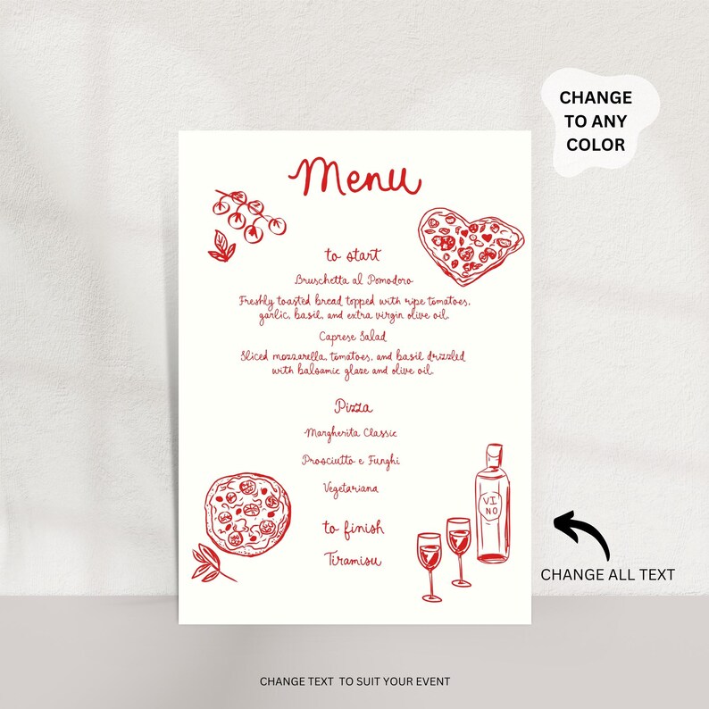 Red Italian Inspired Menu Template Printable, Hand Drawn Line Art ...