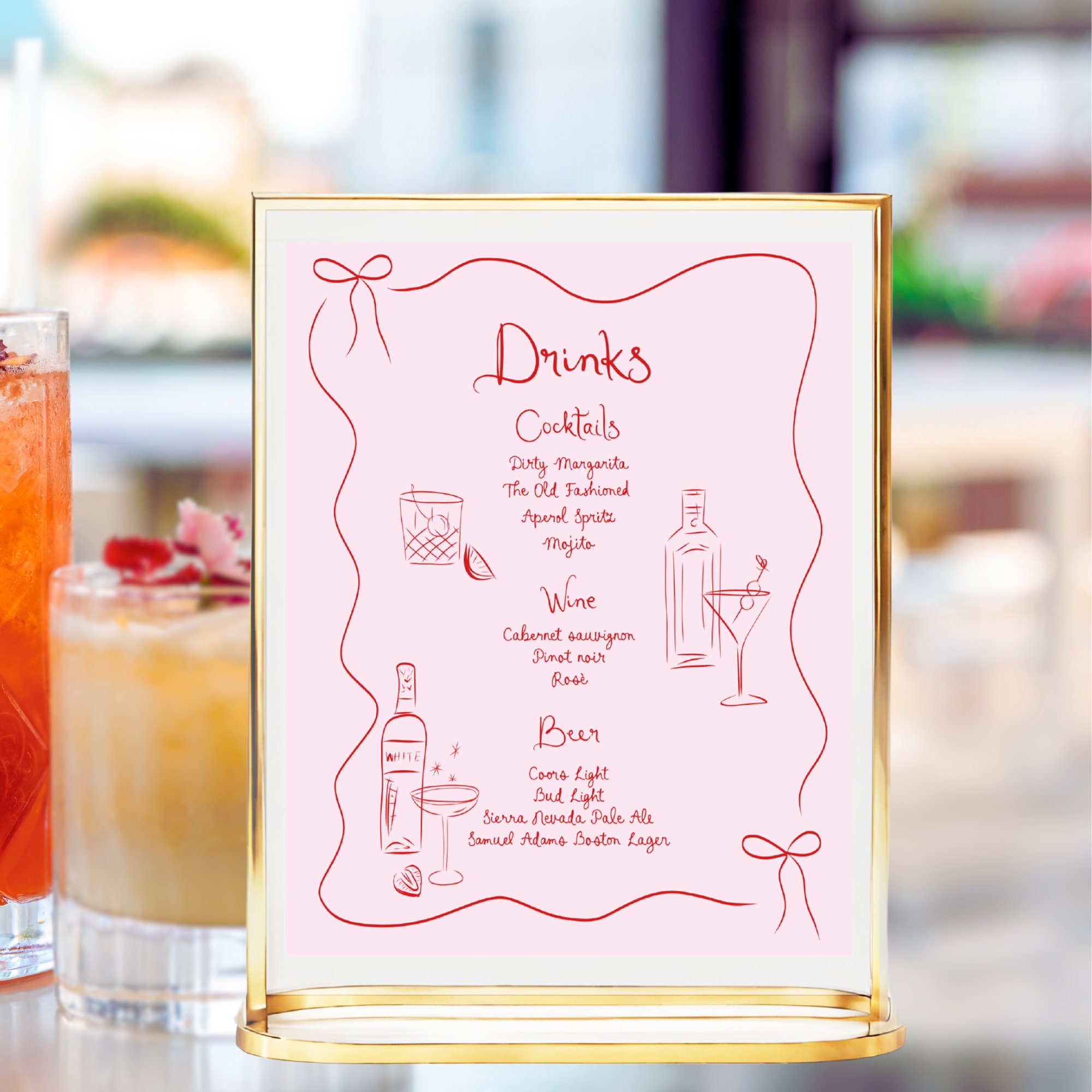 Pink Drink Bar Menu Template Printable, Hand Drawn Line Art Illustrated ...