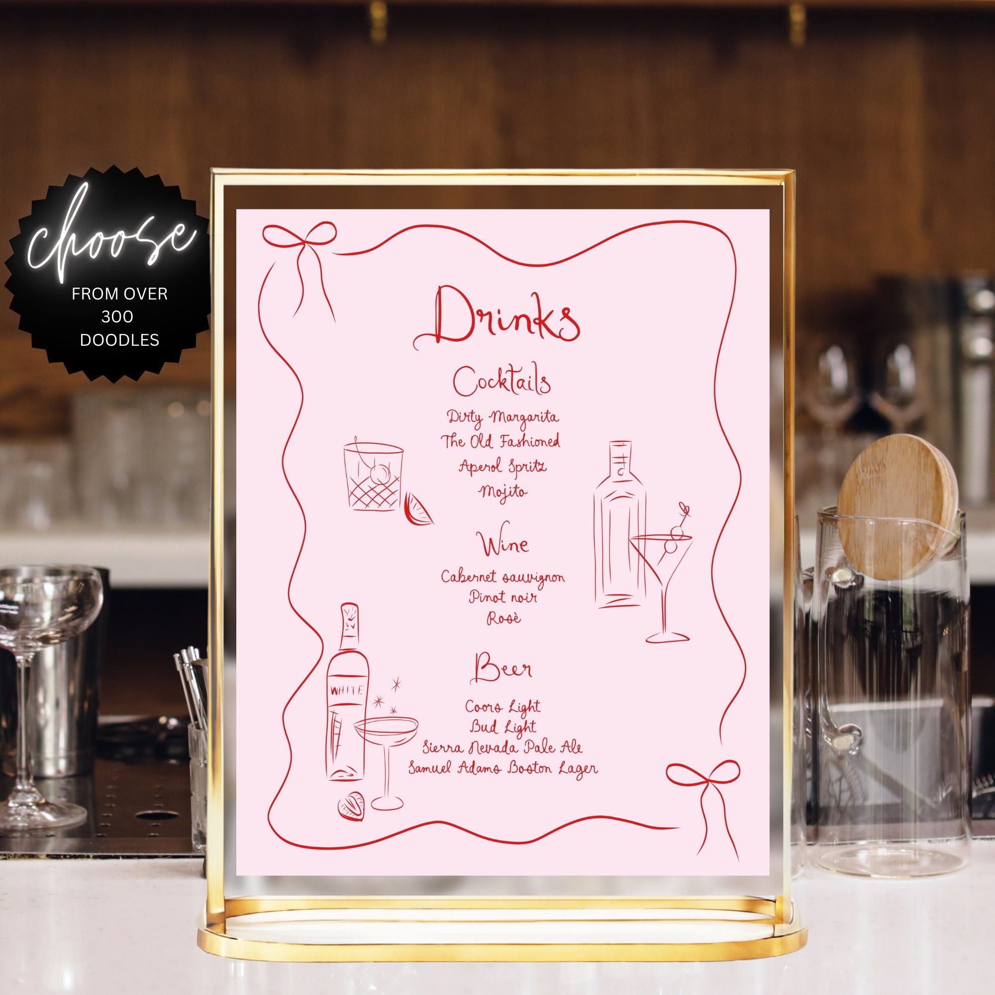 Pink Drink Bar Menu Template Printable, Hand Drawn Line Art Illustrated ...